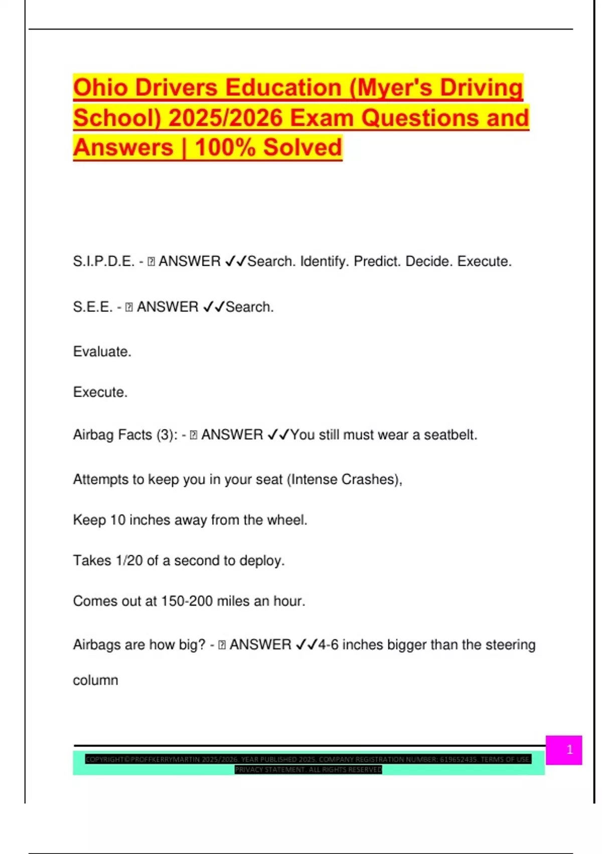 Ohio Drivers Education (Myer's Driving School) 2025/2026 Exam Questions ...