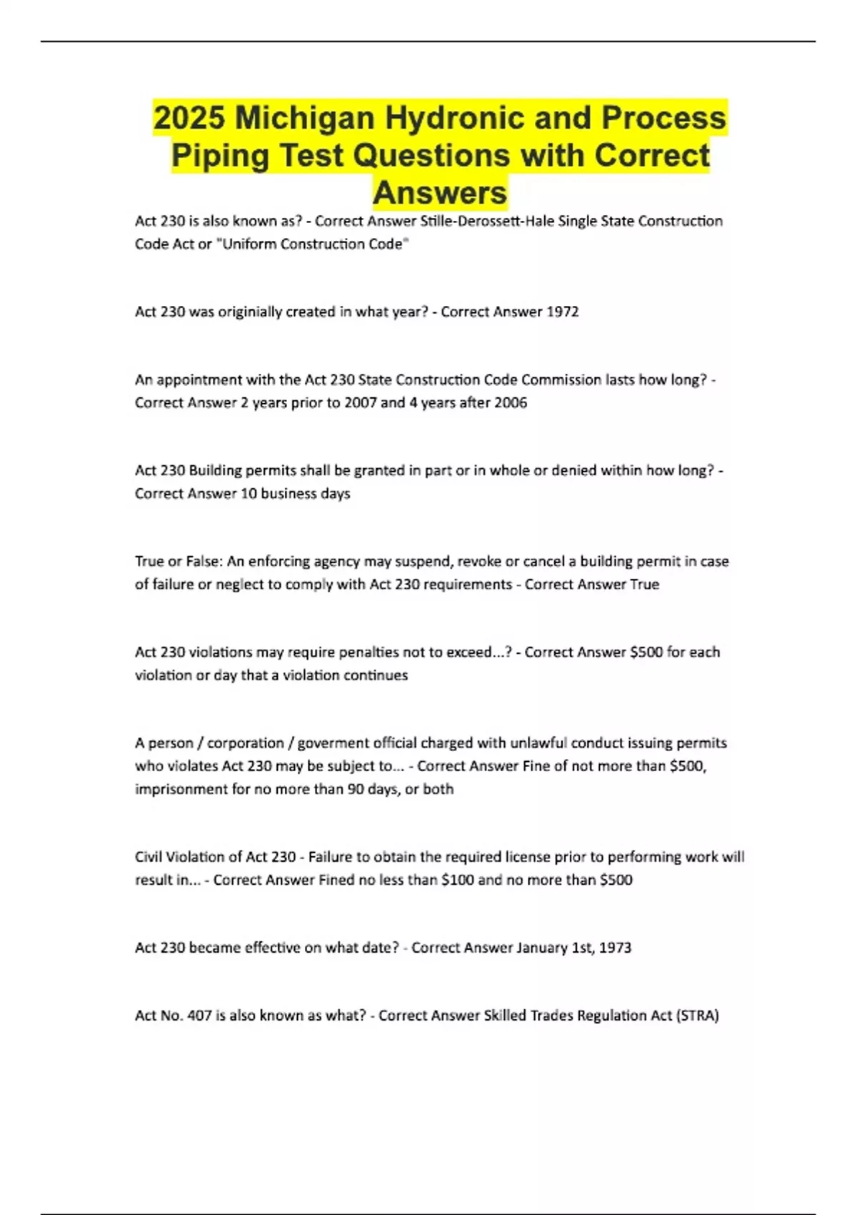 2025 Michigan Hydronic and Process Piping Test Questions with Correct ...