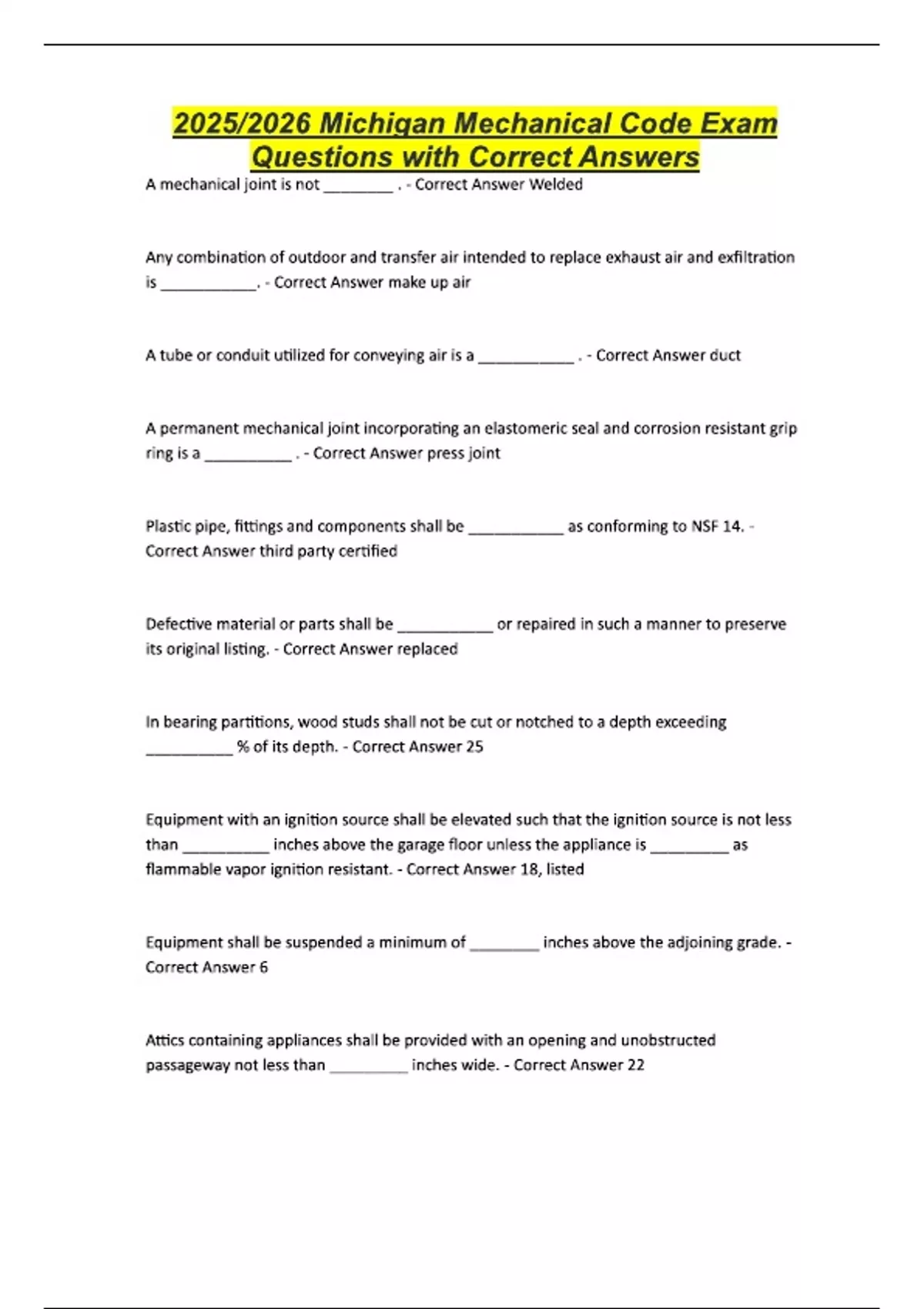 2025/2026 Michigan Mechanical Code Exam Questions with Correct Answers ...