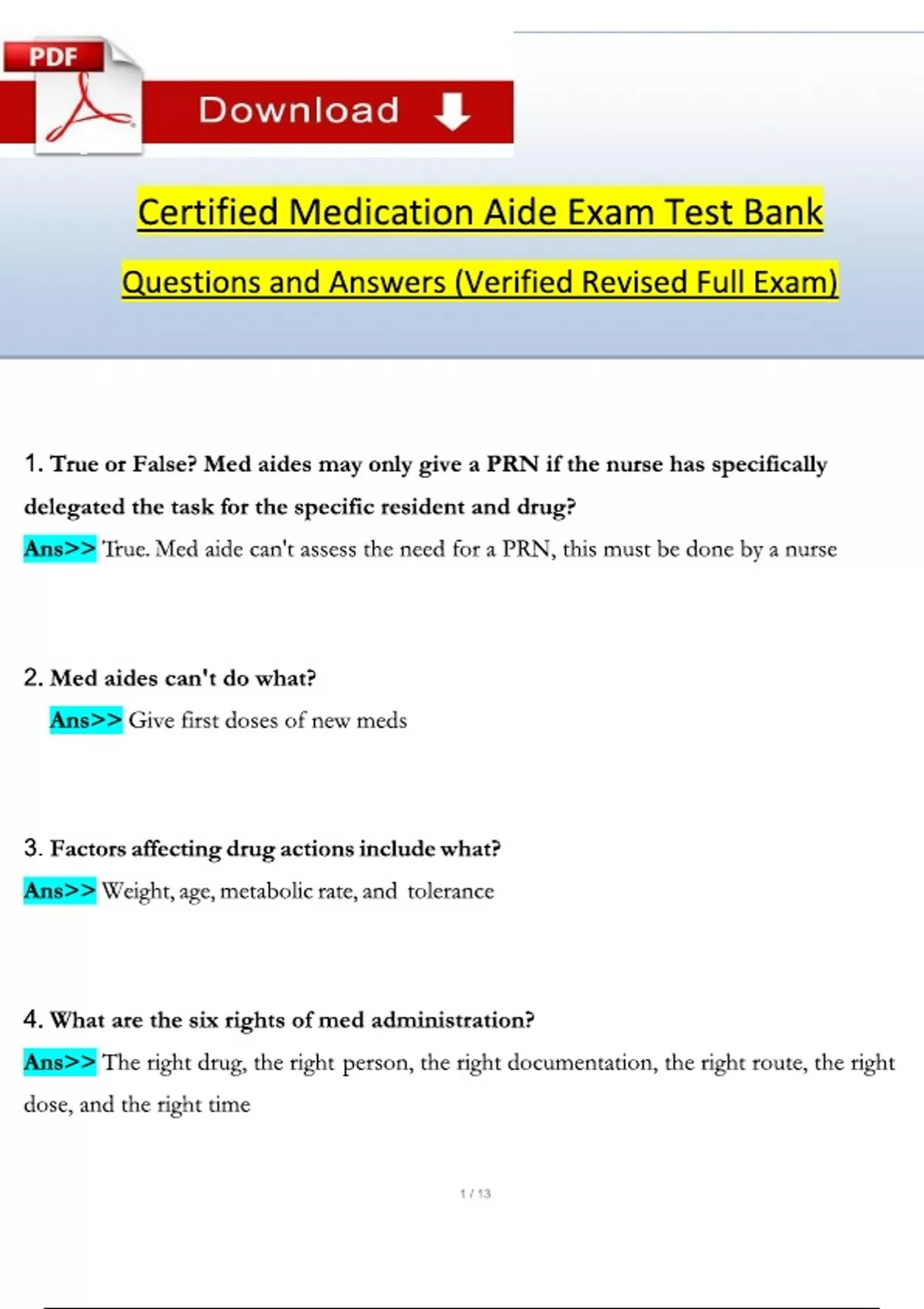 Medication Aide – Complete Unit Quizzes and Tests with Answers – All ...