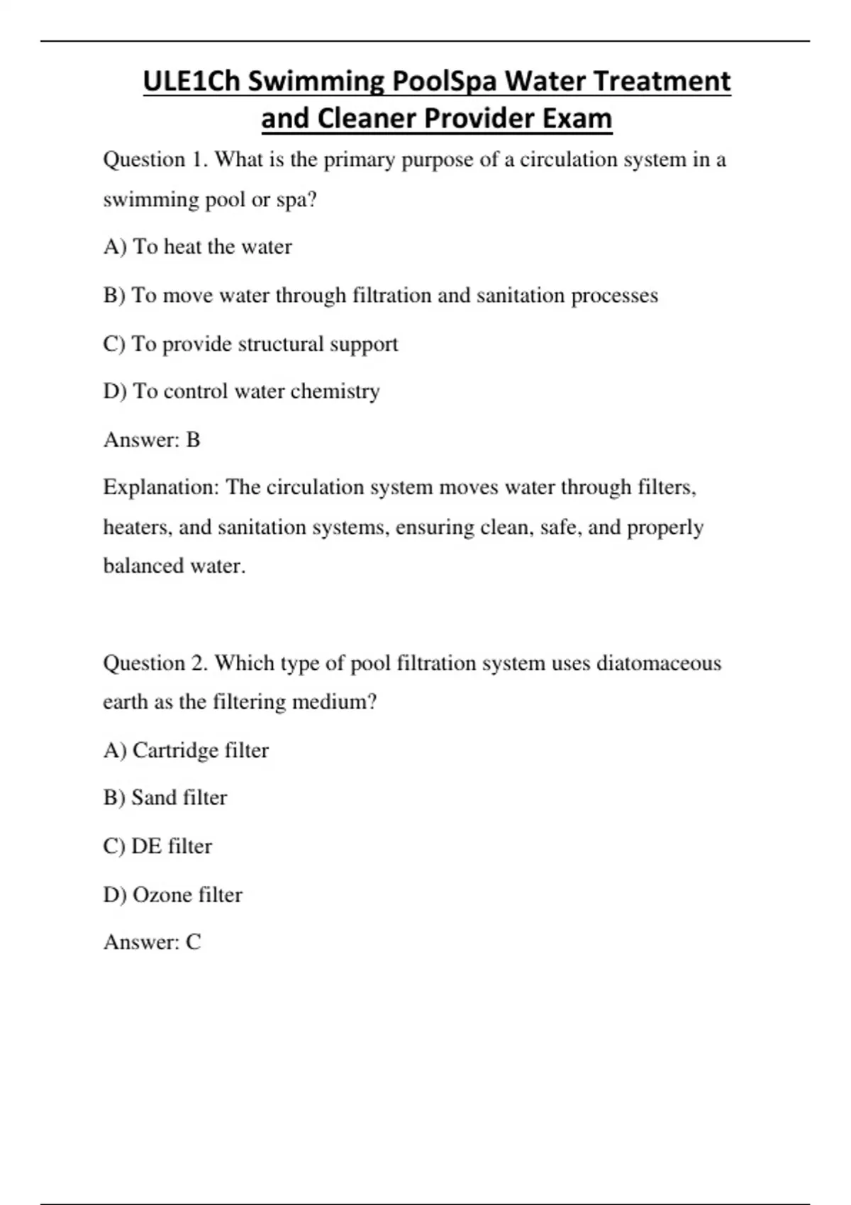 ULE1Ch Swimming PoolSpa Water Treatment and Cleaner Provider Exam ...