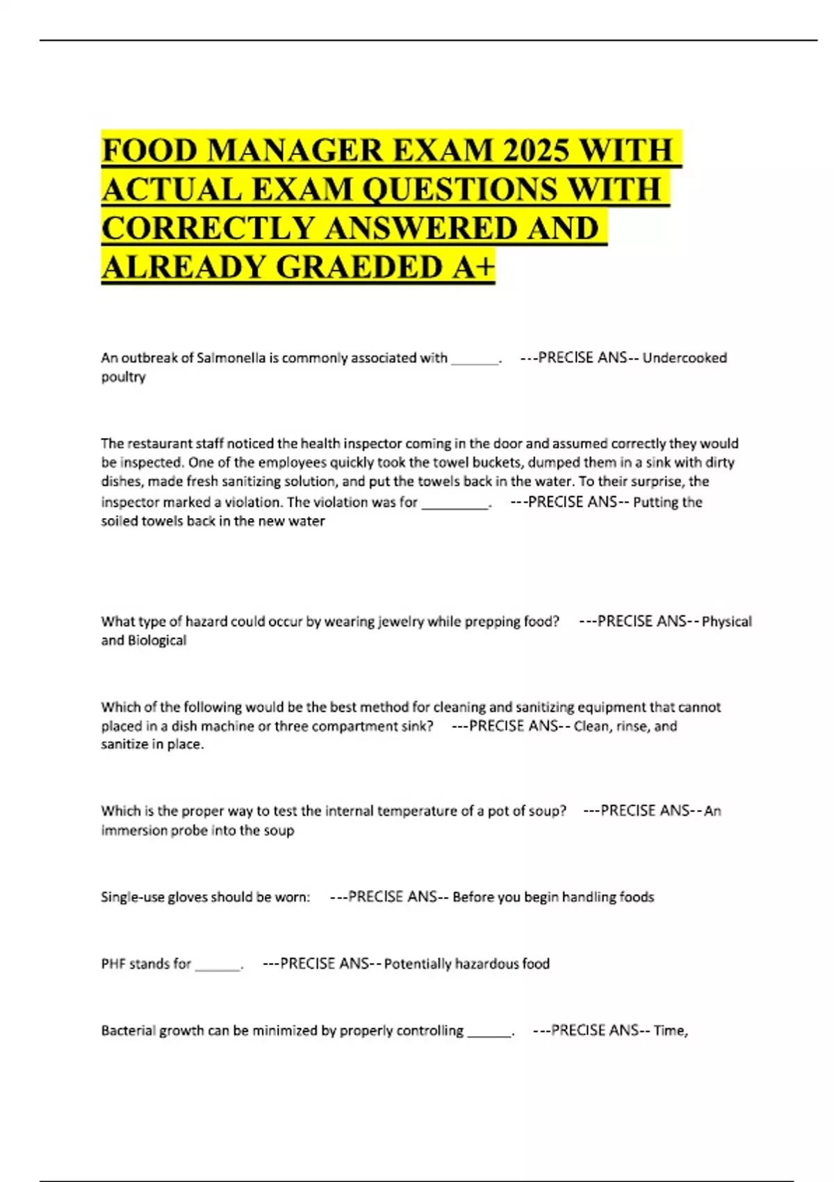 FOOD MANAGER EXAM 2025 WITH ACTUAL EXAM QUESTIONS WITH CORRECTLY ...