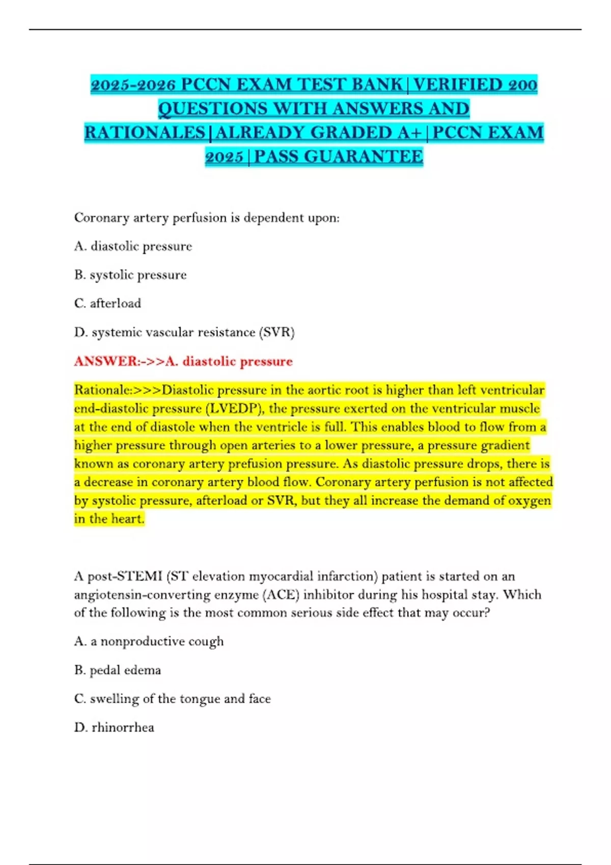 PCCN EXAM TEST BANK|VERIFIED 200 QUESTIONS WITH ANSWERS AND RATIONALES ...