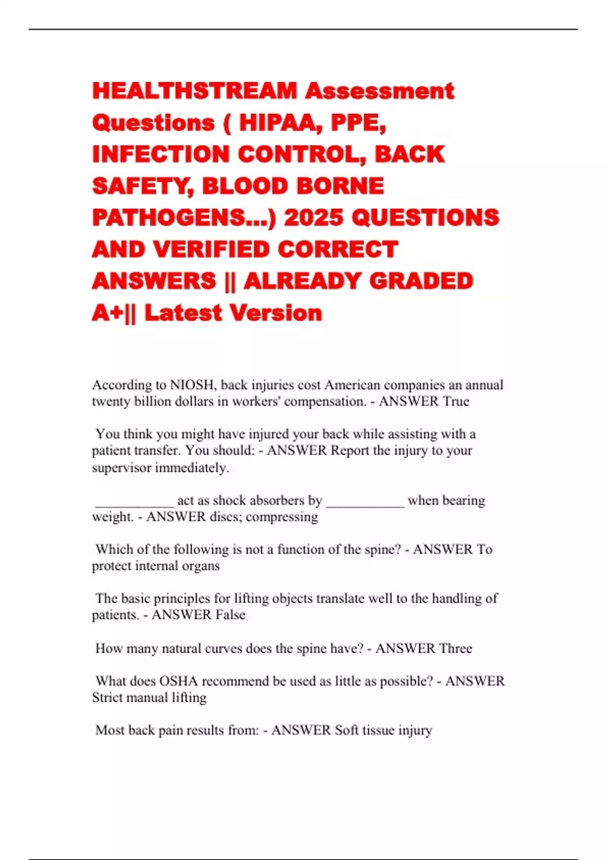 HEALTHSTREAM Assessment Questions ( HIPAA, PPE, INFECTION CONTROL, BACK ...