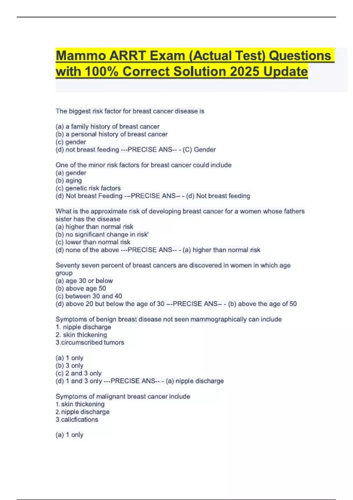 Mammo ARRT Exam (Actual Test) Questions with 100% Correct Solution 2025 ...