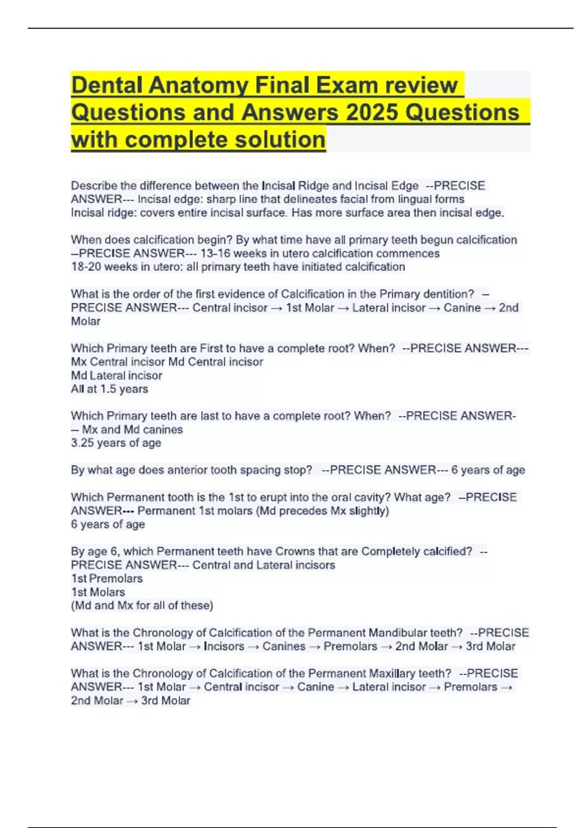 Dental Anatomy Final Exam review Questions and Answers 2025 Questions with complete solution ...