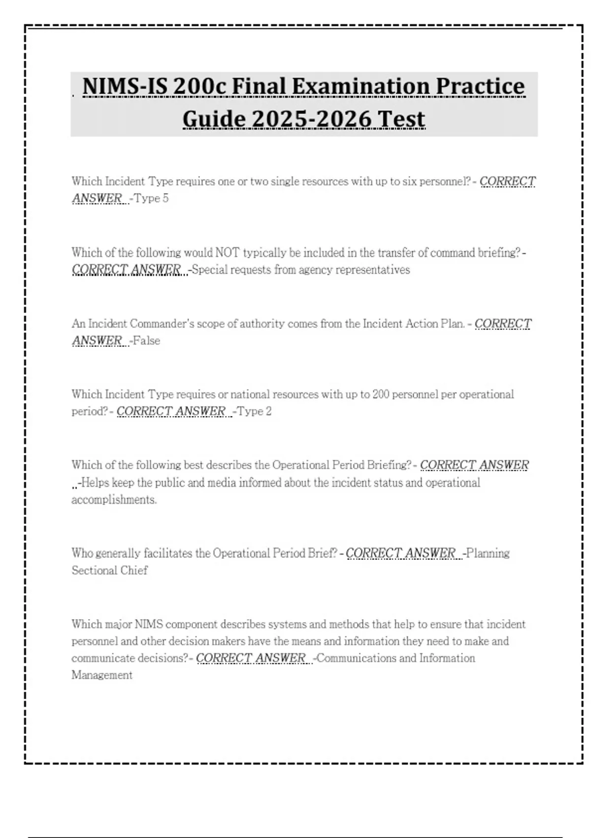 NIMS-IS 200c Final Examination Practice Guide Test - Emergency ...