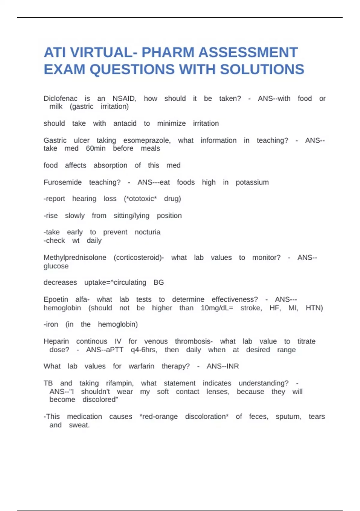 ATI VIRTUAL- PHARM ASSESSMENT EXAM QUESTIONS WITH SOLUTIONS - ATI ...