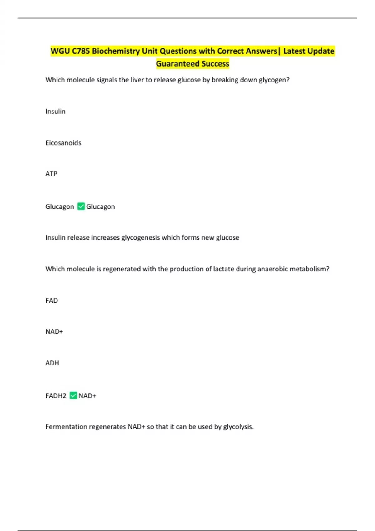 WGU C785 Biochemistry Unit Questions with Correct Answers| Latest ...