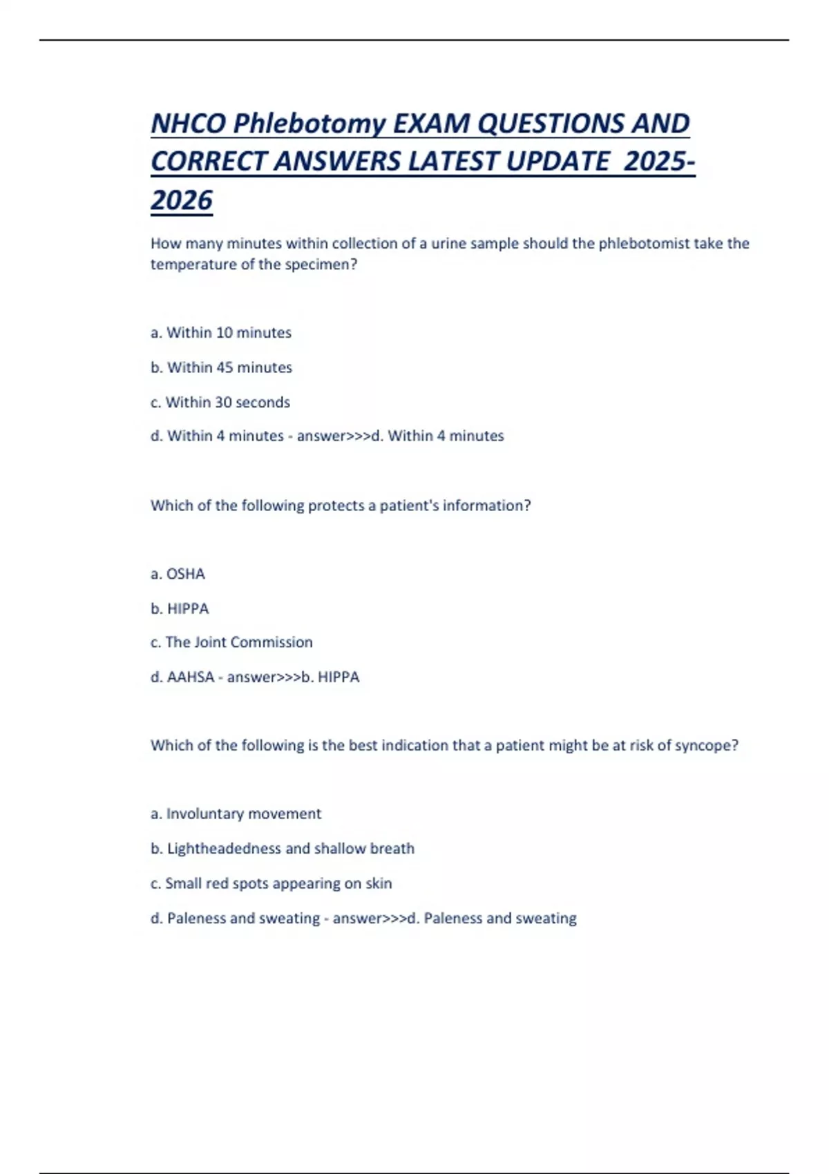 NHCO Phlebotomy Exam – 2025–2026 – Latest Updated Questions and ...