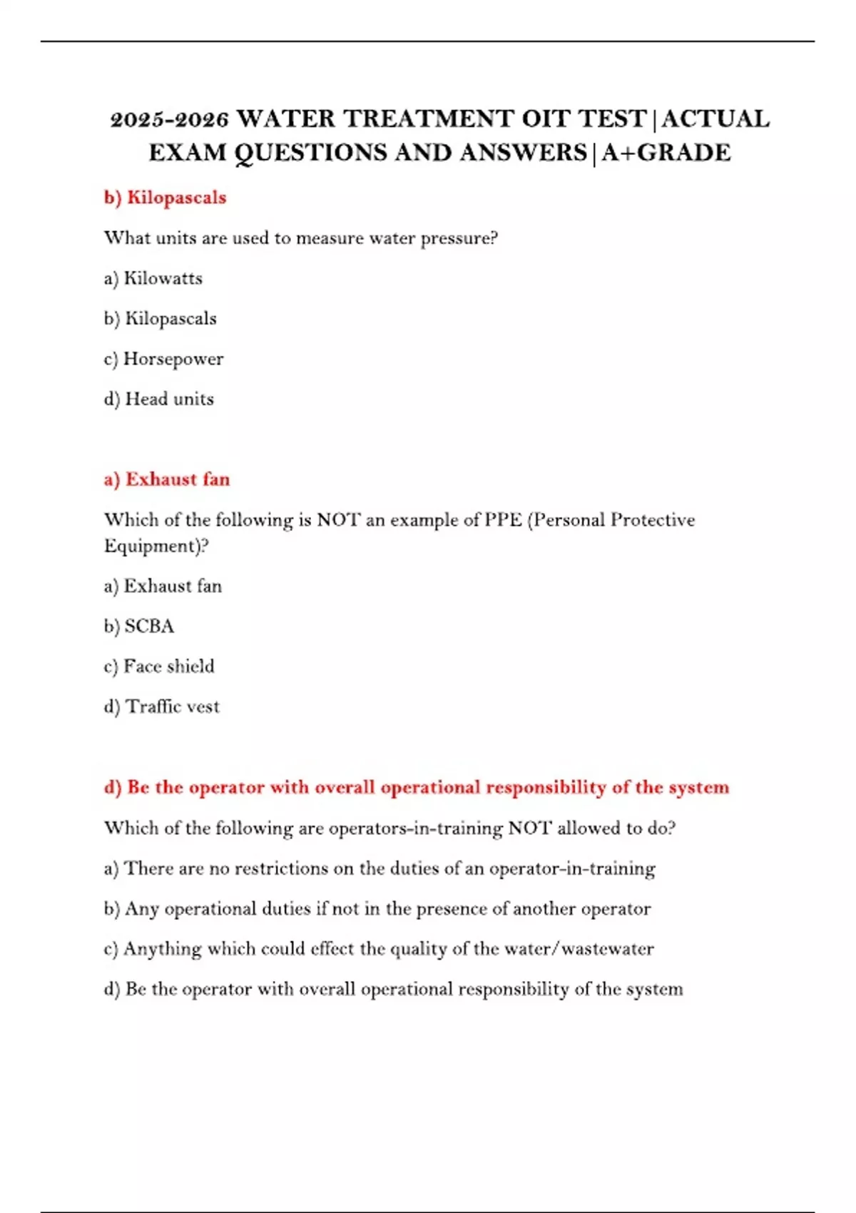 WATER TREATMENT OIT TEST|ACTUAL EXAM QUESTIONS AND ANSWERS|A+GRADE ...