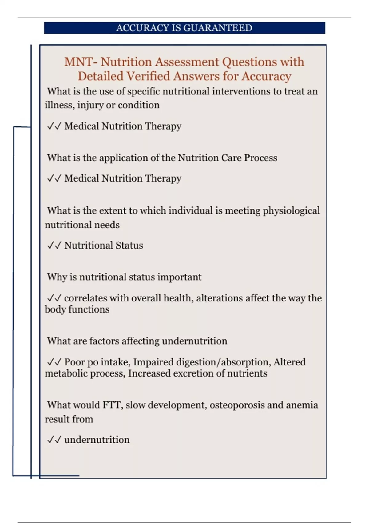 MNT- Nutrition Assessment Questions with Detailed Verified Answers for ...