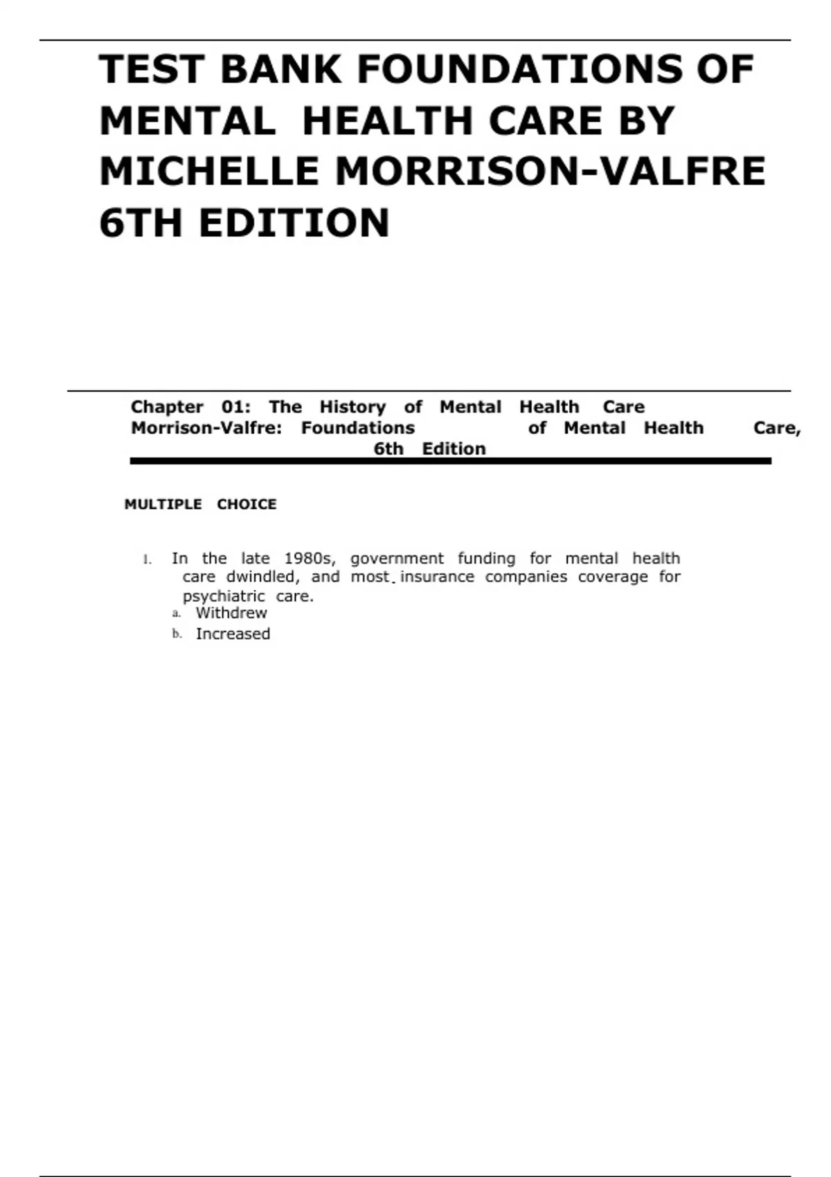 TEST BANK FOUNDATIONS OF MENTAL HEALTH CARE BY MICHELLE MORRISON-VALFRE ...