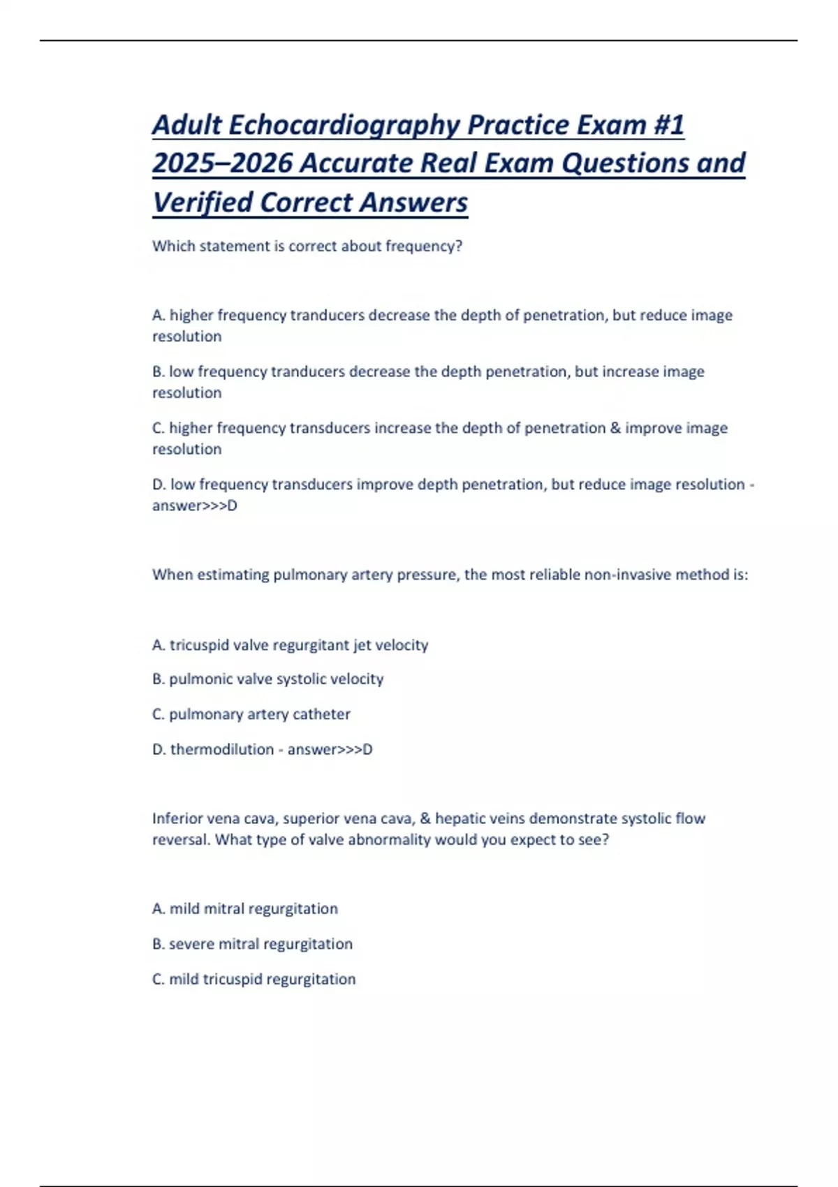 Adult Echocardiography Practice Exam #1 – 2025–2026 – Accurate Real ...
