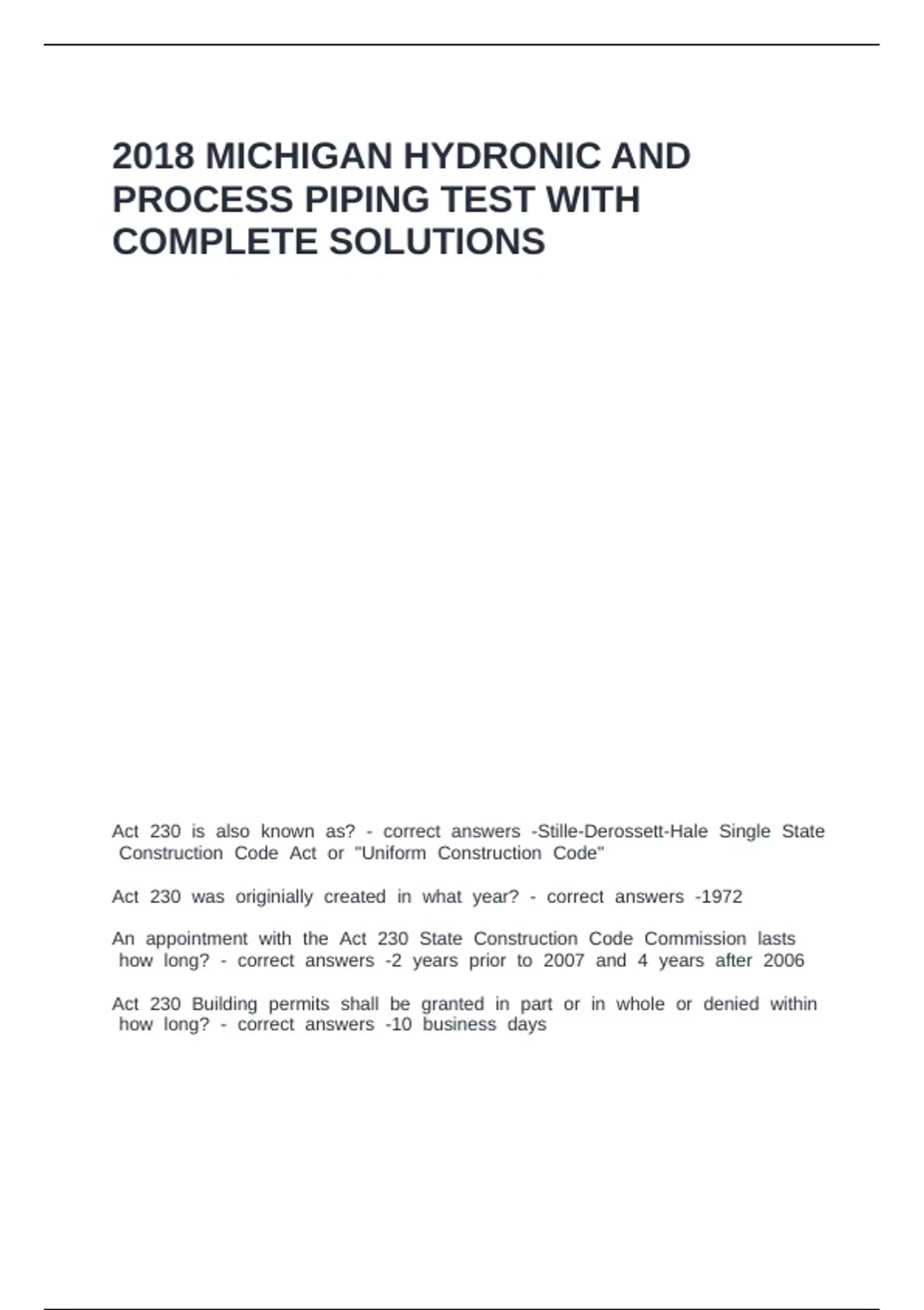 2018 MICHIGAN HYDRONIC AND PROCESS PIPING TEST WITH COMPLETE SOLUTIONS ...