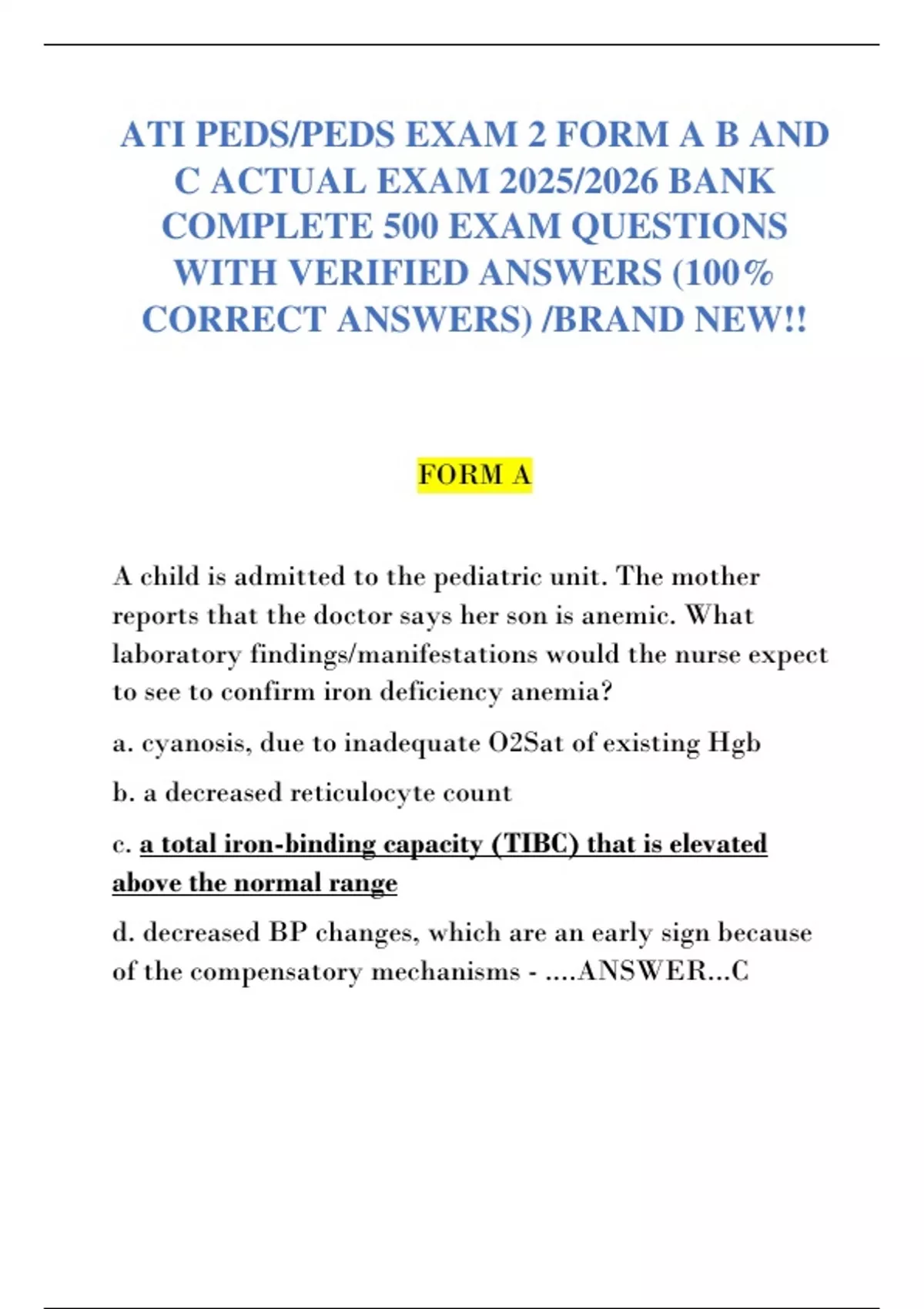 ATI PEDS/PEDS EXAM 2 FORM A B AND C ACTUAL EXAM 2025/2026 BANK COMPLETE ...
