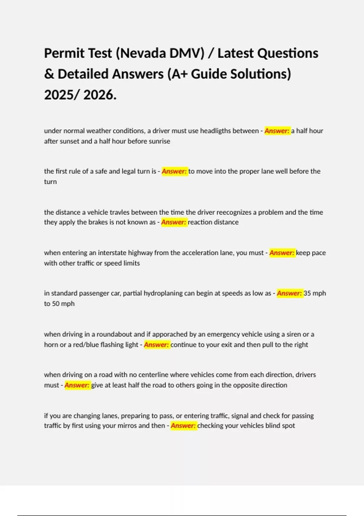 Permit Test (Nevada DMV) / Latest Questions & Detailed Answers (A+ ...