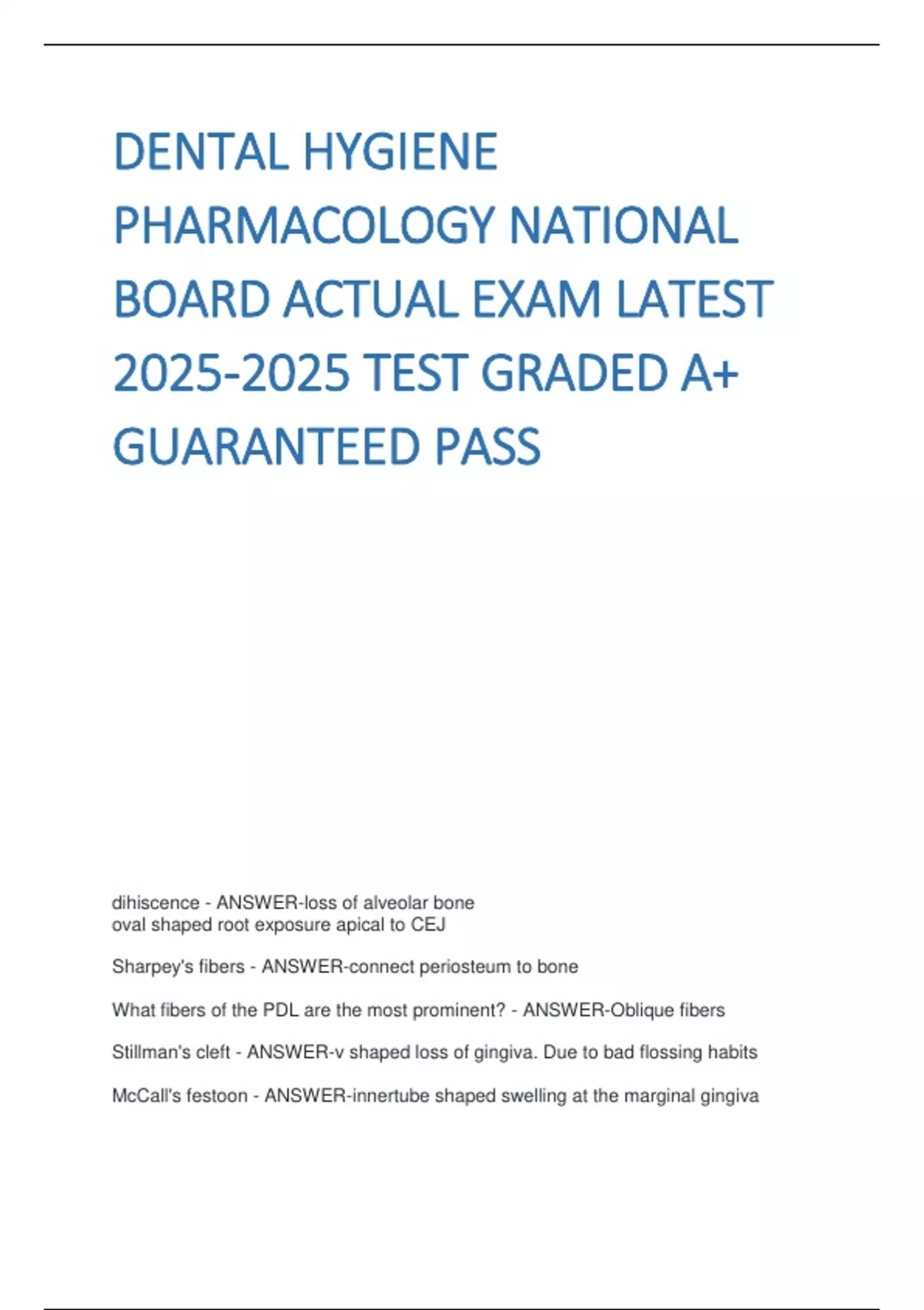 DENTAL HYGIENE PHARMACOLOGY NATIONAL BOARD ACTUAL EXAM LATEST TEST ...