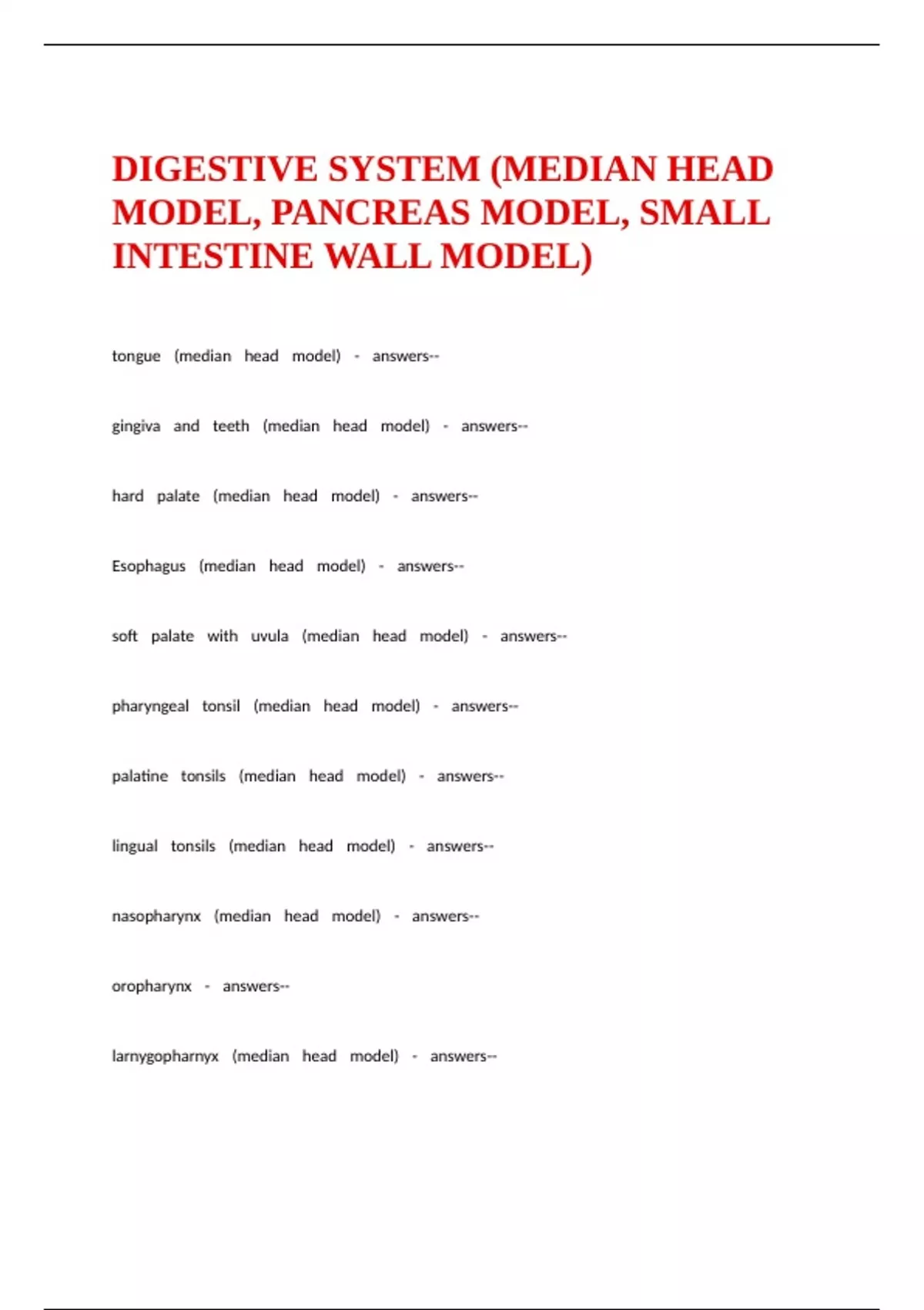 DIGESTIVE SYSTEM (MEDIAN HEAD MODEL, PANCREAS MODEL, SMALL INTESTINE ...
