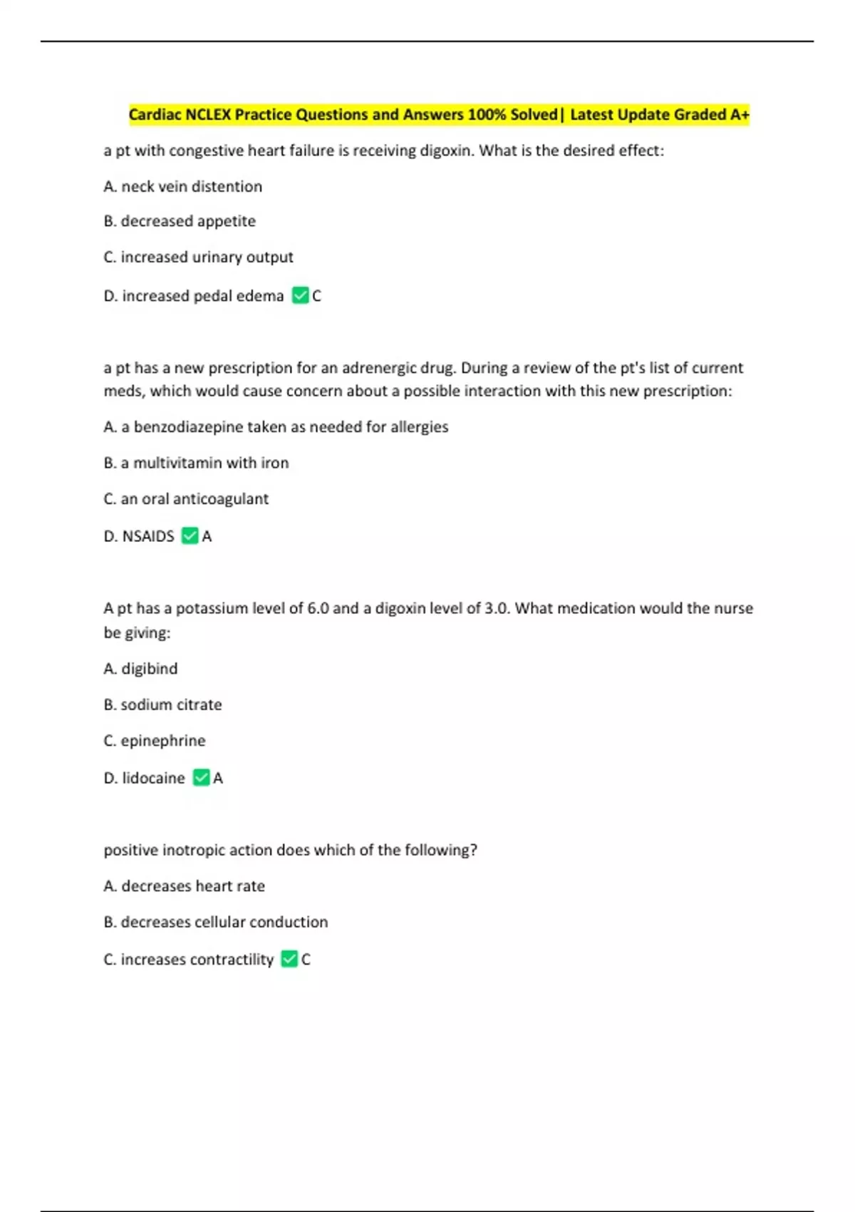Cardiac NCLEX Practice Questions and Answers 100% Solved| Latest Update ...