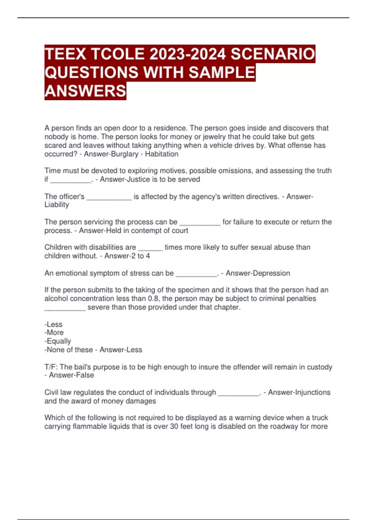 TEEX TCOLE SCENARIO QUESTIONS WITH SAMPLE ANSWERS - TEEX TCOLE - Stuvia US