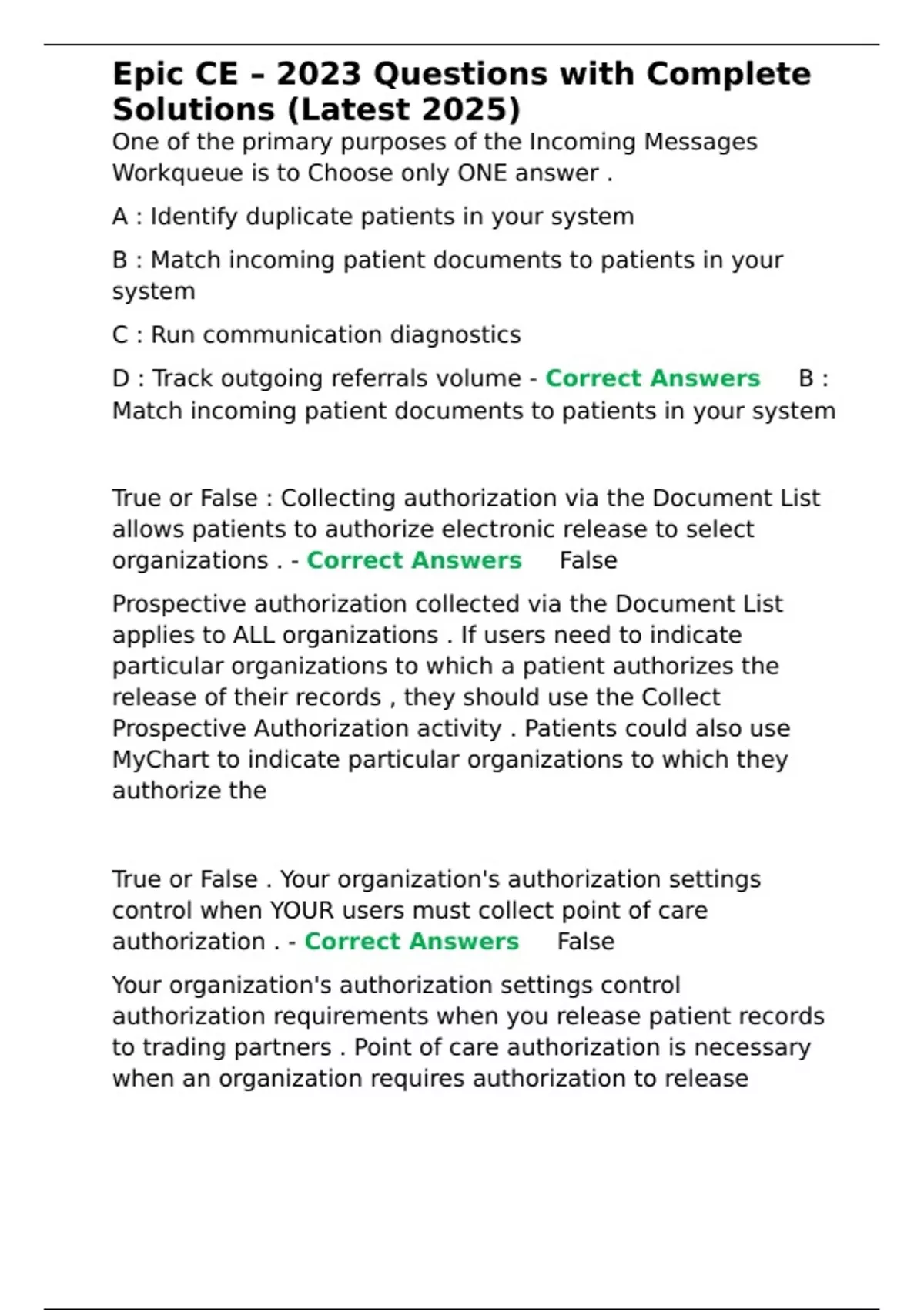 Epic CE – 2023 Questions with Complete Solutions (Latest 2025) - Care ...