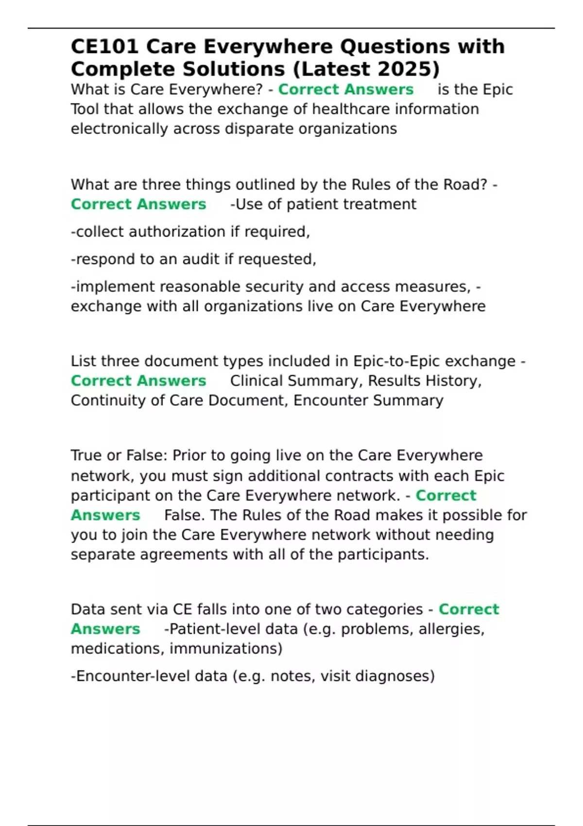 CE101 Care Everywhere Questions with Complete Solutions (Latest 2025 ...