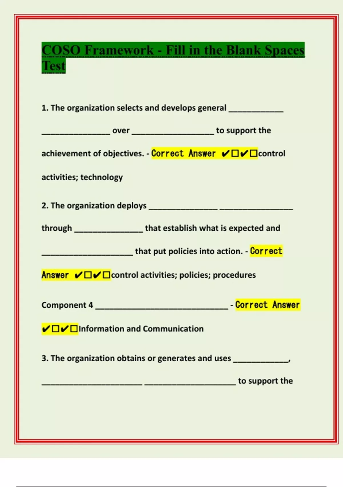 COSO Framework - Fill in the Blank Spaces Test Comprehensive Questions ...