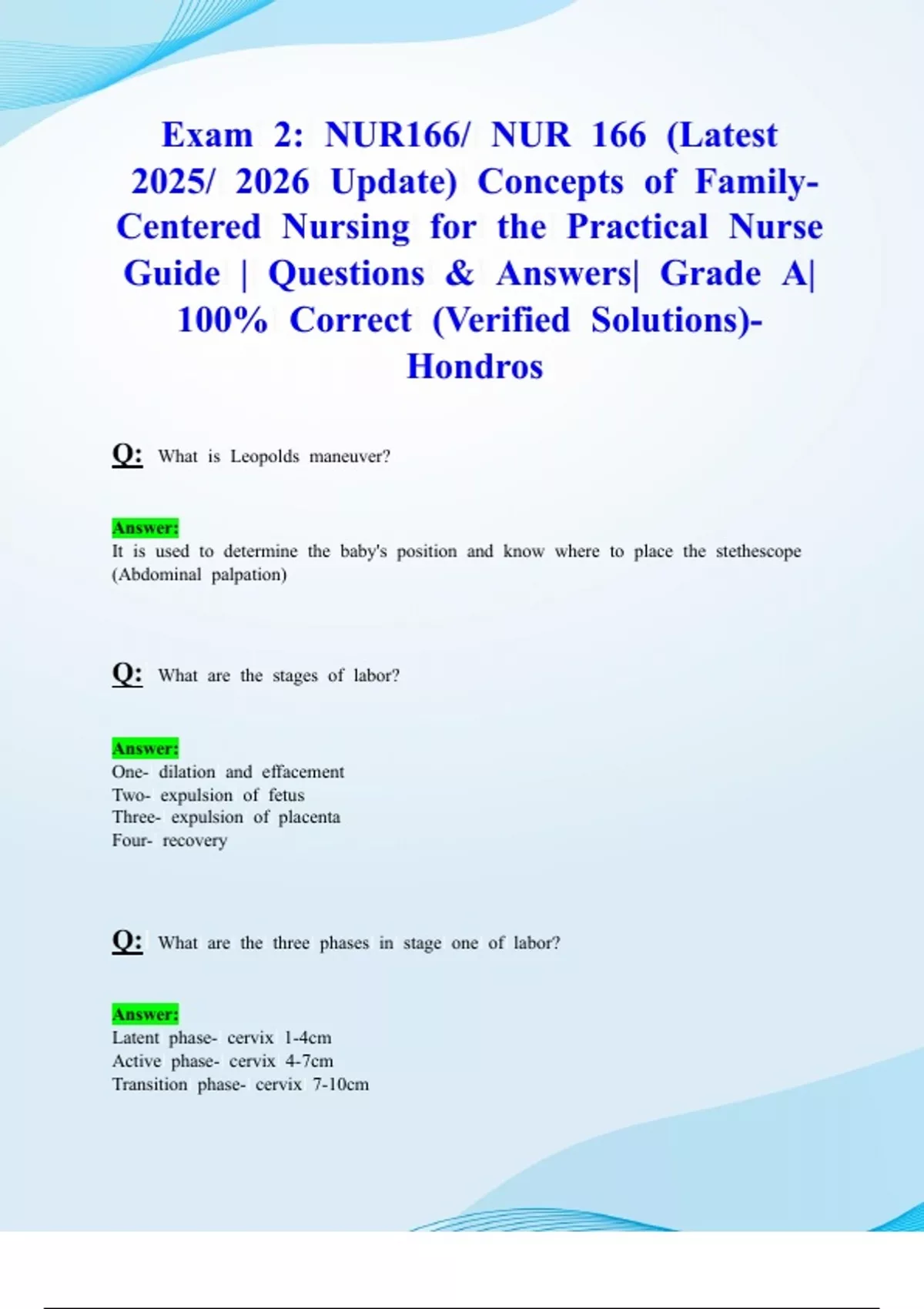 Exam 2: NUR166/ NUR 166 (Latest 2025/ 2026 Update) Concepts of Family ...