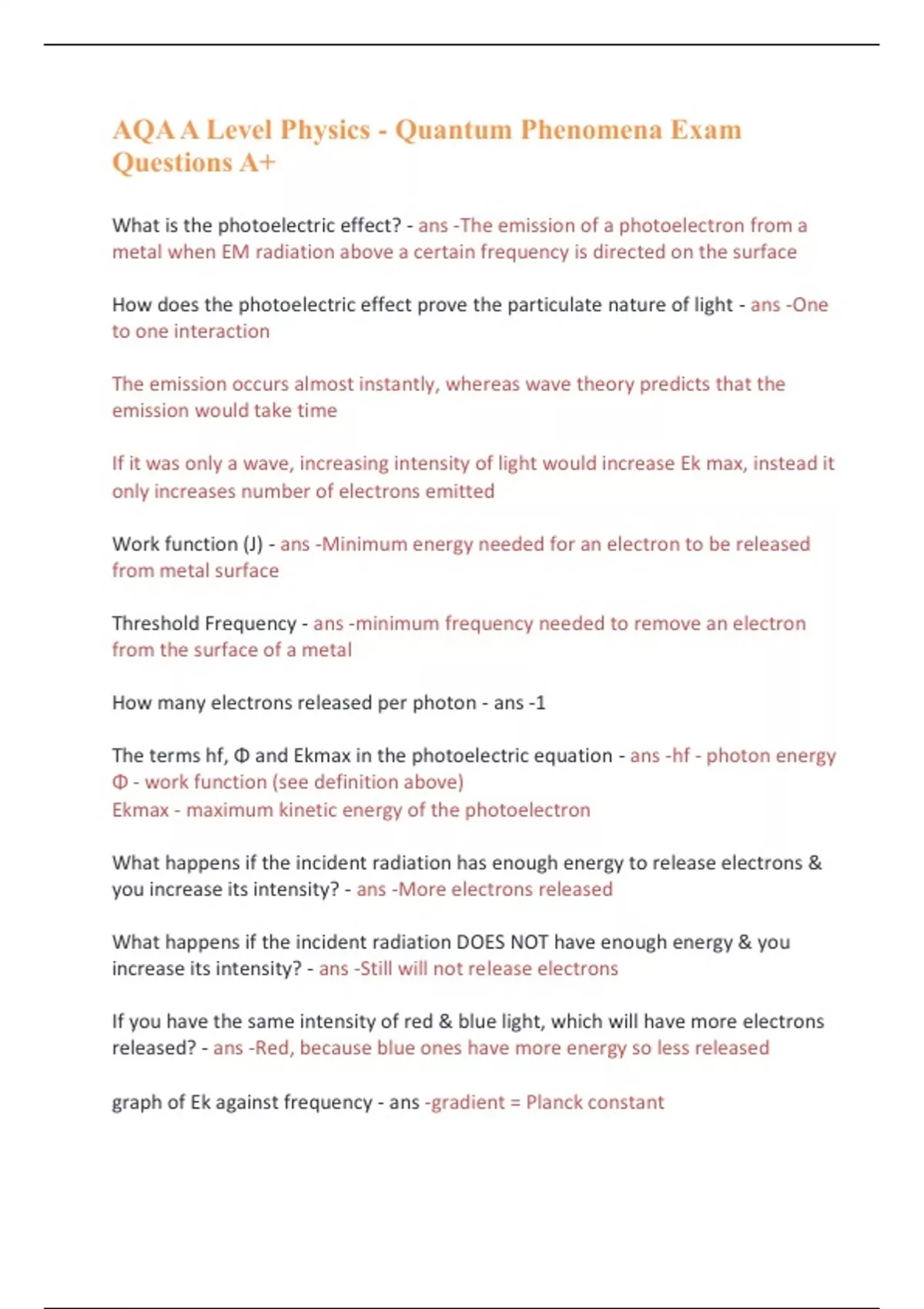 AQA A Level Physics - Quantum Phenomena Exam Questions A+ - AQA A Level ...