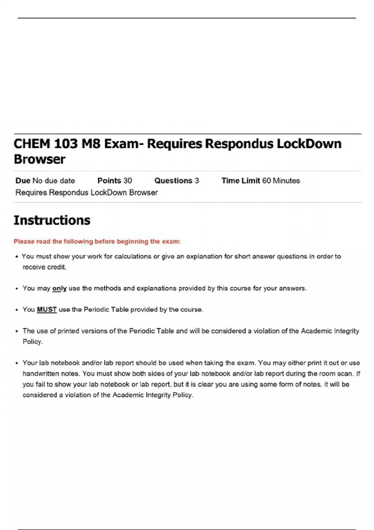 CHEM 103 M8 Exam- Requires Respondus LockDown Browser | Questions and ...