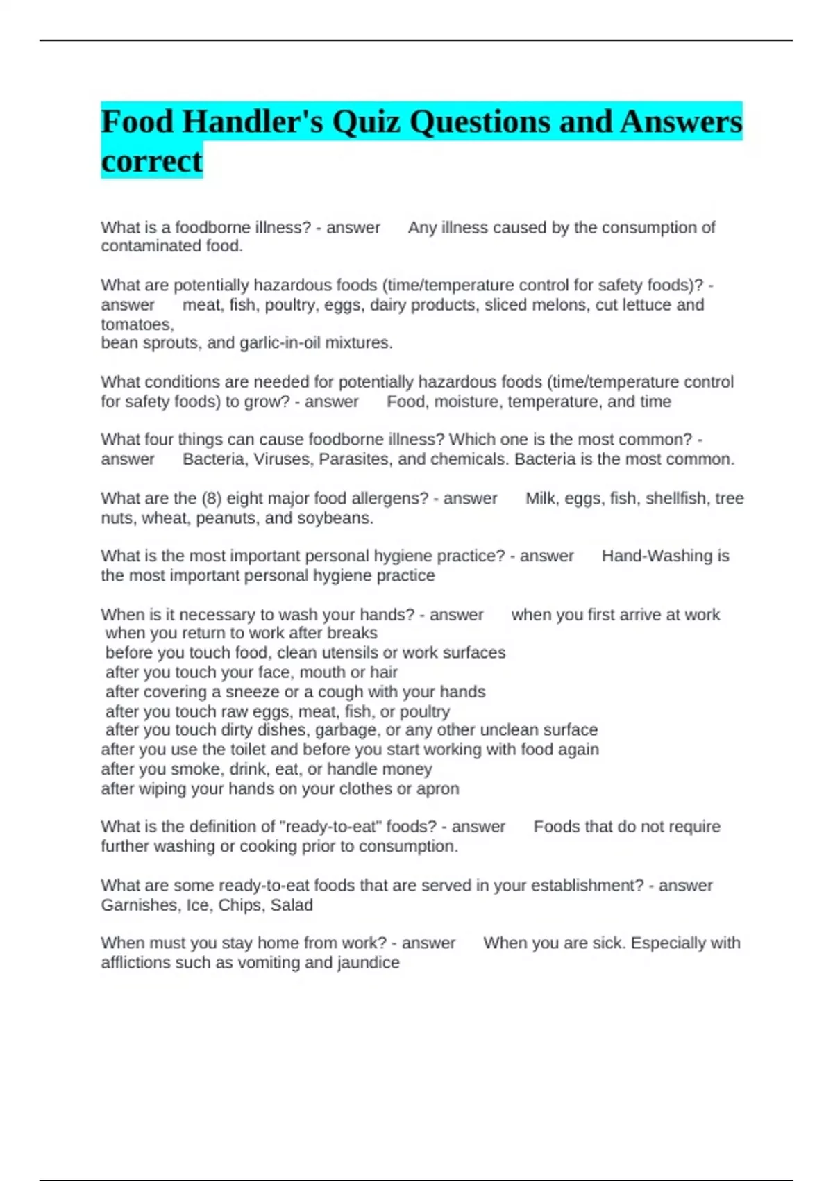 Food Handler's Quiz Questions and Answers correct - FOOD HANDLERS ...