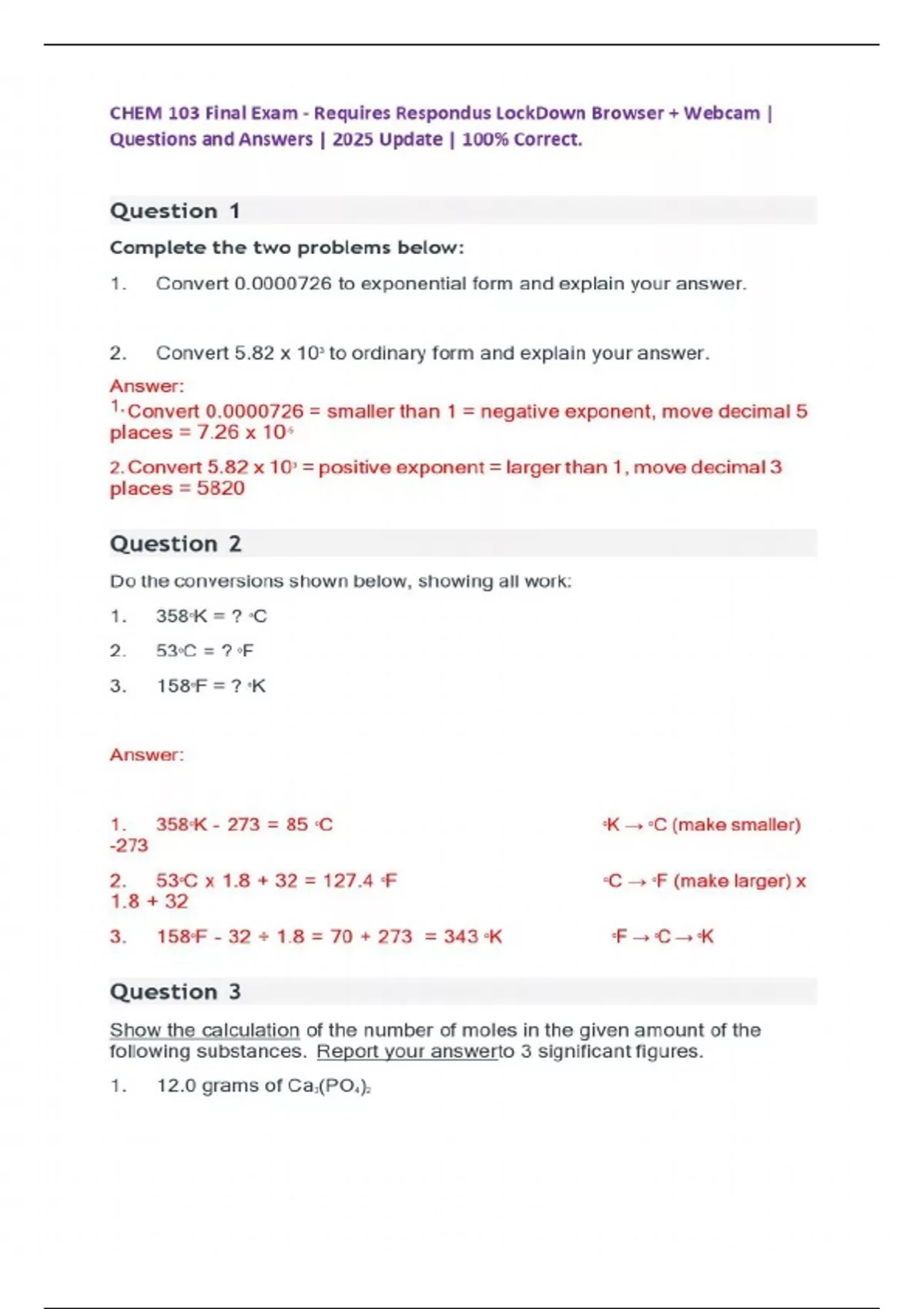 CHEM 103 Final Exam - Requires Respondus LockDown Browser + Webcam | Questions and Answers ...
