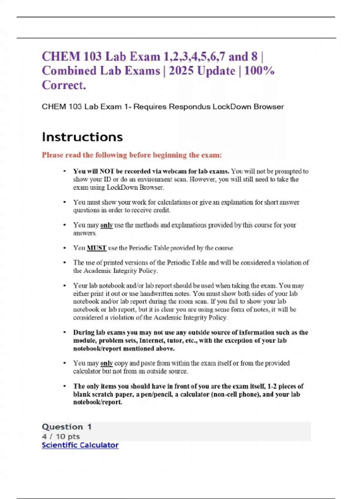 CHEM 103 Lab Exam 1,2,3,4,5,6,7 and 8 | Combined Lab Exams | 2025 ...