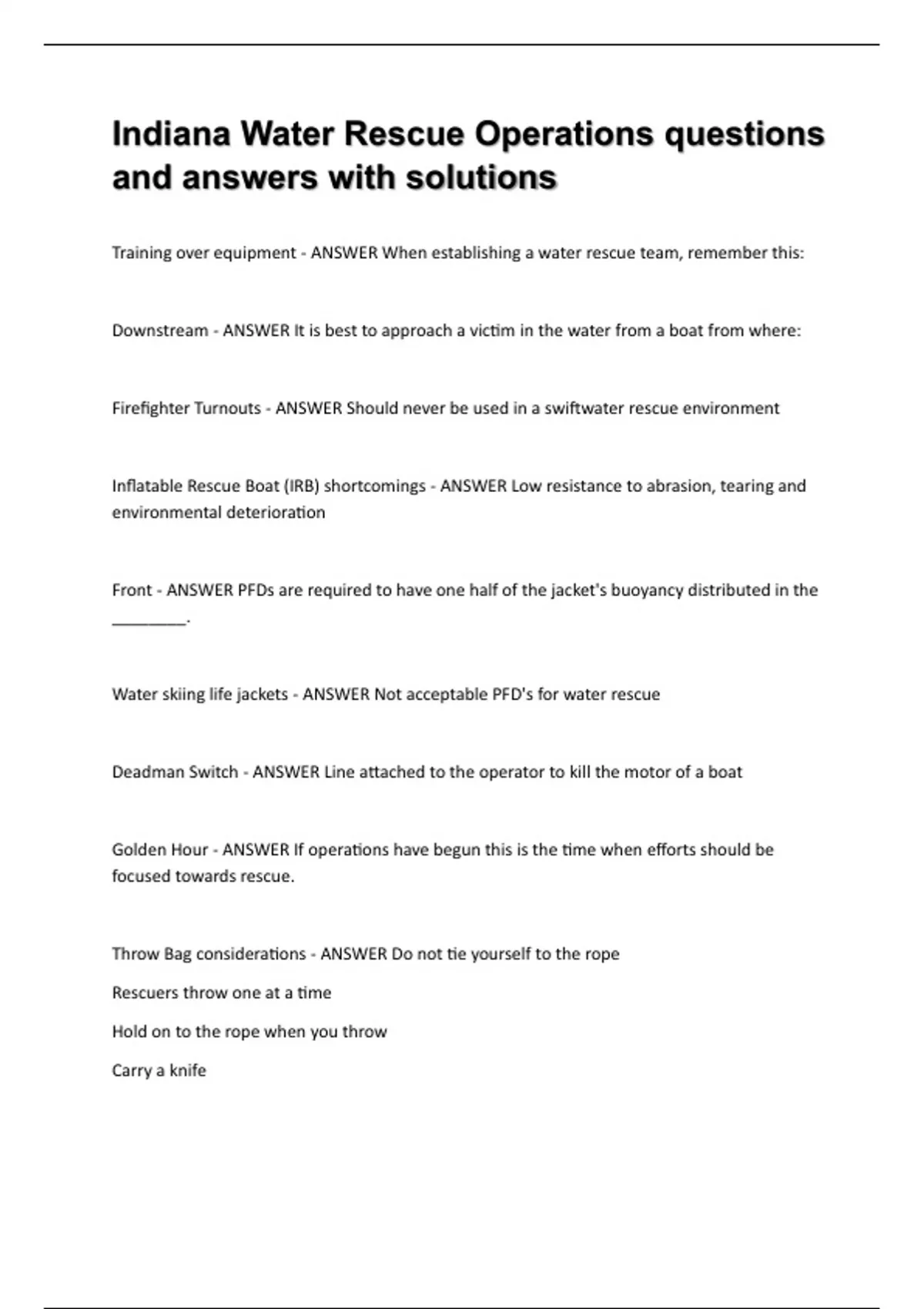 Indiana Water Rescue Operations questions and answers with solutions ...