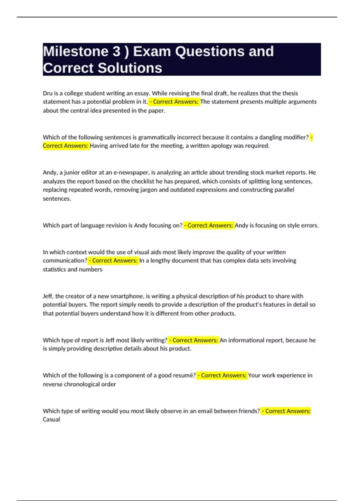 Milestone 3 ) Exam Questions with Correct Solutions - Milestone 3 - Stuvia US