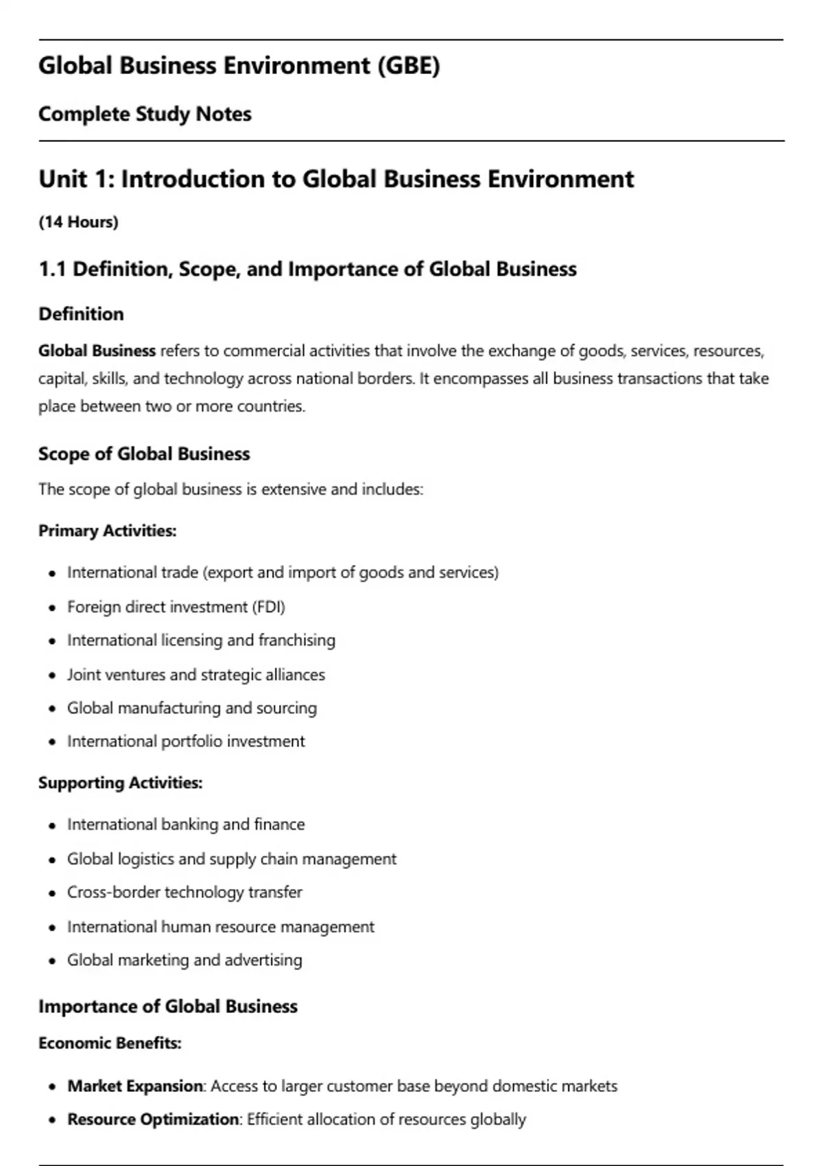Complete notes for Global Business Economics - BCOM 106 - Stuvia US