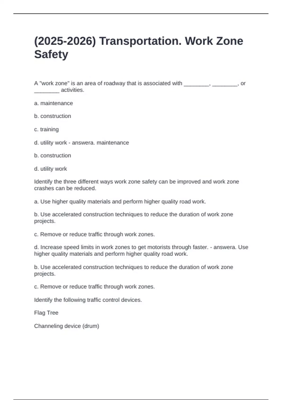 () Transportation. Work Zone Safety Questions with Correct Answers ...