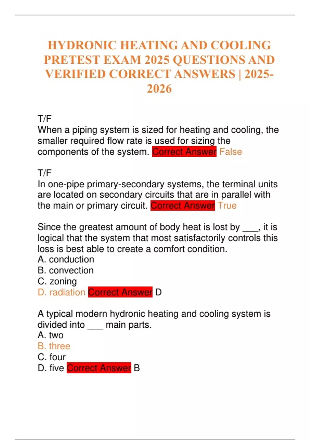 HYDRONIC HEATING AND COOLING PRETEST EXAM 2025 QUESTIONS AND VERIFIED ...