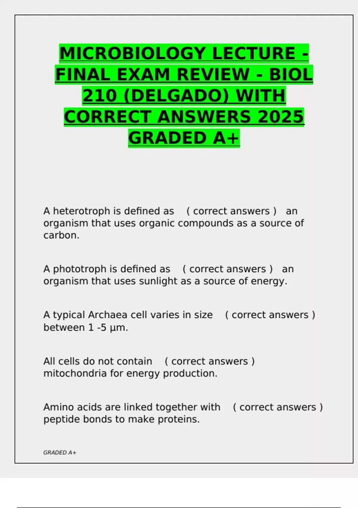 MICROBIOLOGY LECTURE - FINAL EXAM REVIEW - BIOL 210 (DELGADO) WITH ...