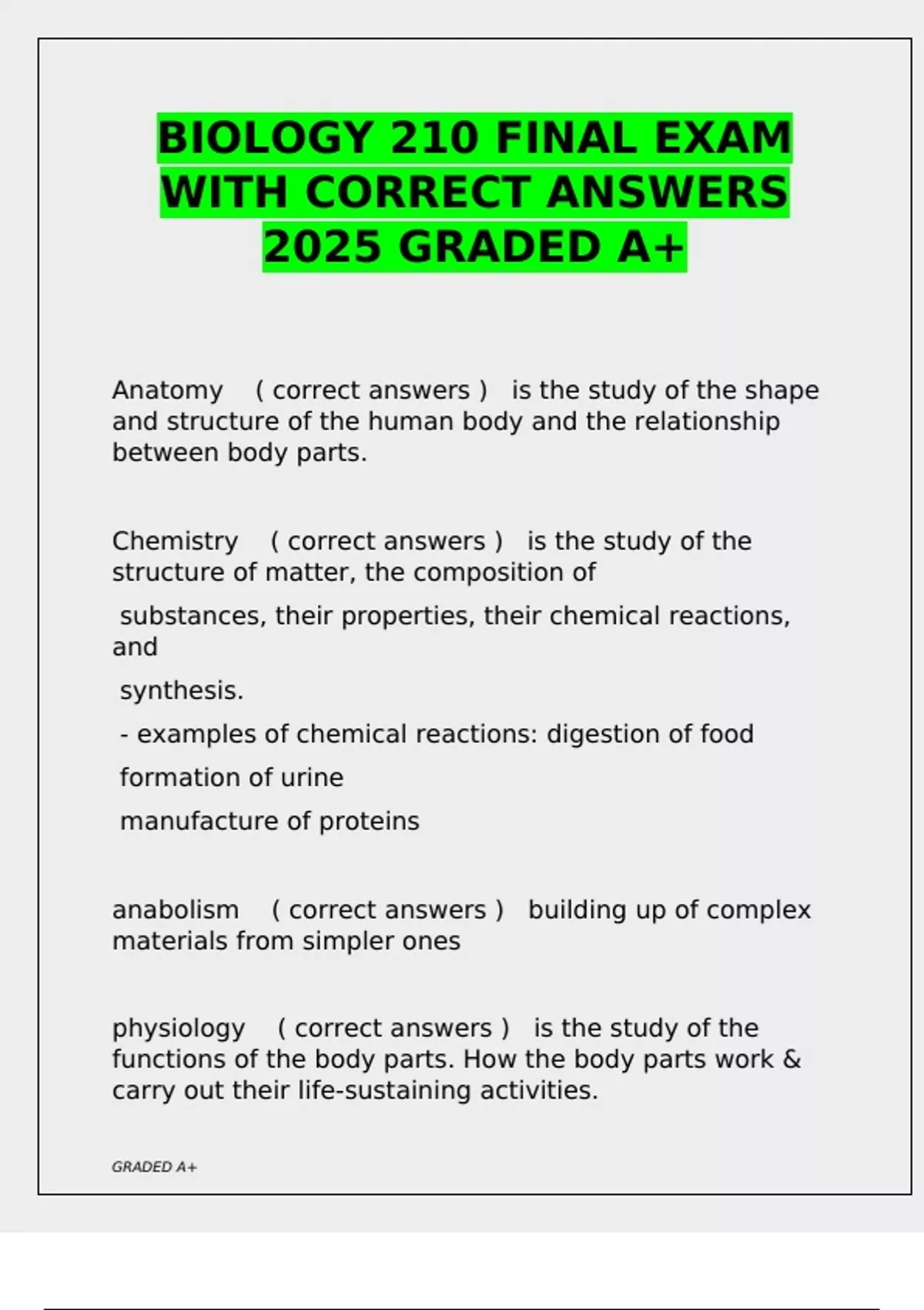 BIOLOGY 210 FINAL EXAM WITH CORRECT ANSWERS 2025 GRADED A+ - BIOLOGY ...