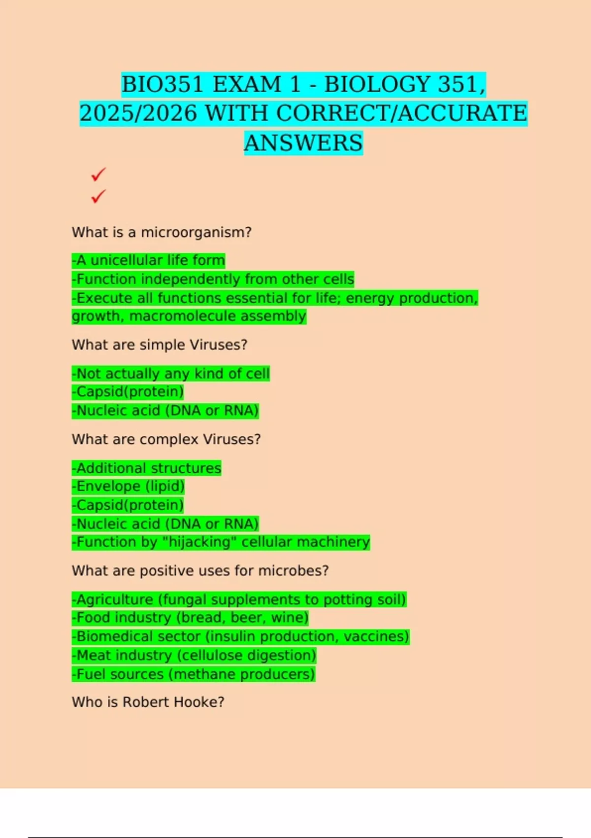 BIO351 EXAM 1 - BIOLOGY 351, 2025/2026 WITH CORRECT/ACCURATE ANSWERS - BIOLOGY 351 - Stuvia US