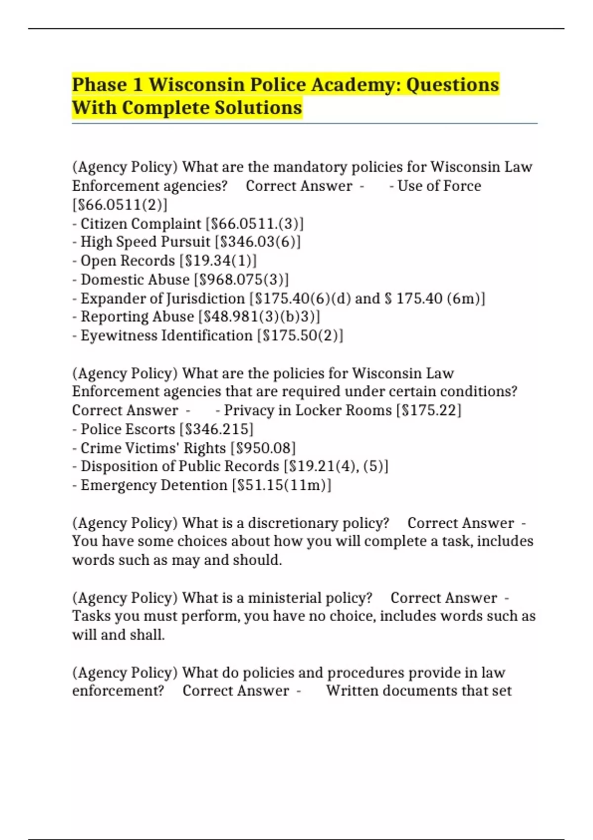 Phase 1 Wisconsin Police Academy: Questions With Complete Solutions ...