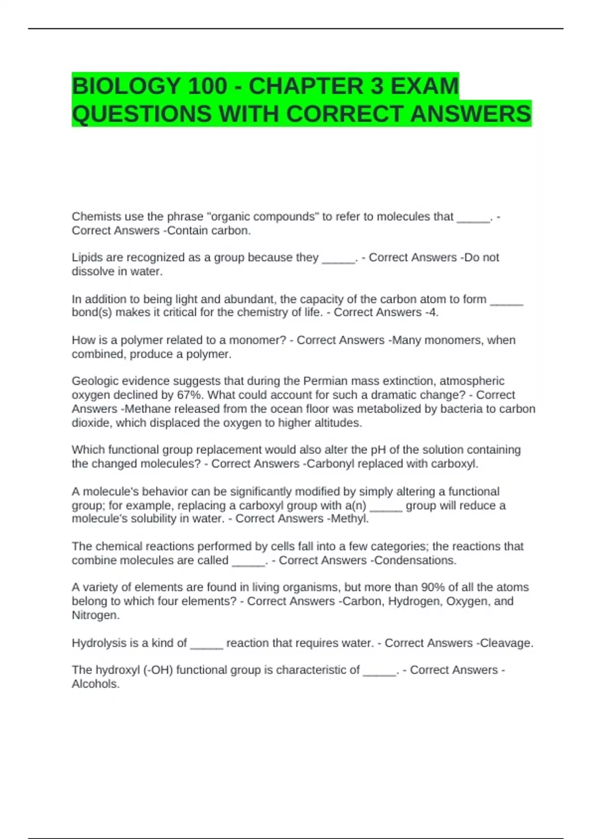 BIOLOGY 100 - CHAPTER 3 EXAM QUESTIONS WITH CORRECT ANSWERS - BIOL 100 - Stuvia US