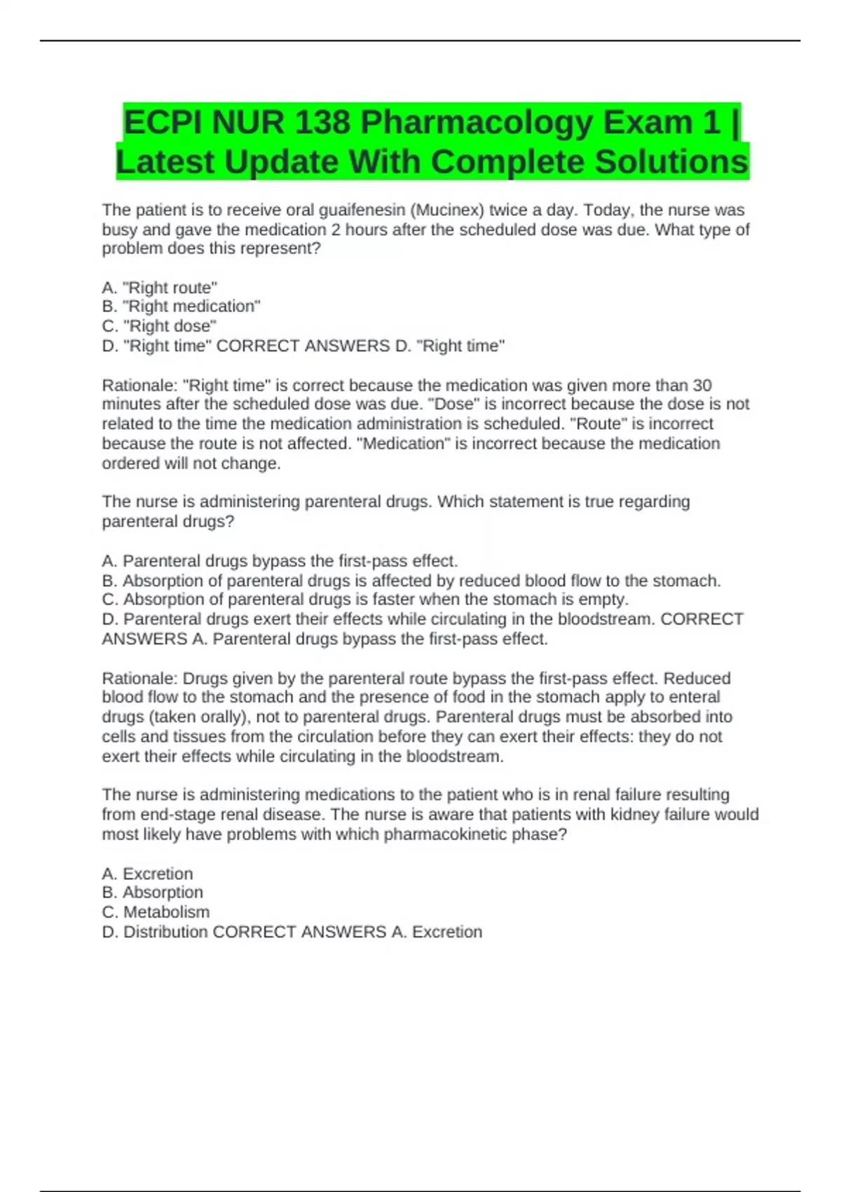 ECPI NUR 138 Pharmacology Exam 1 | Latest Update With Complete ...