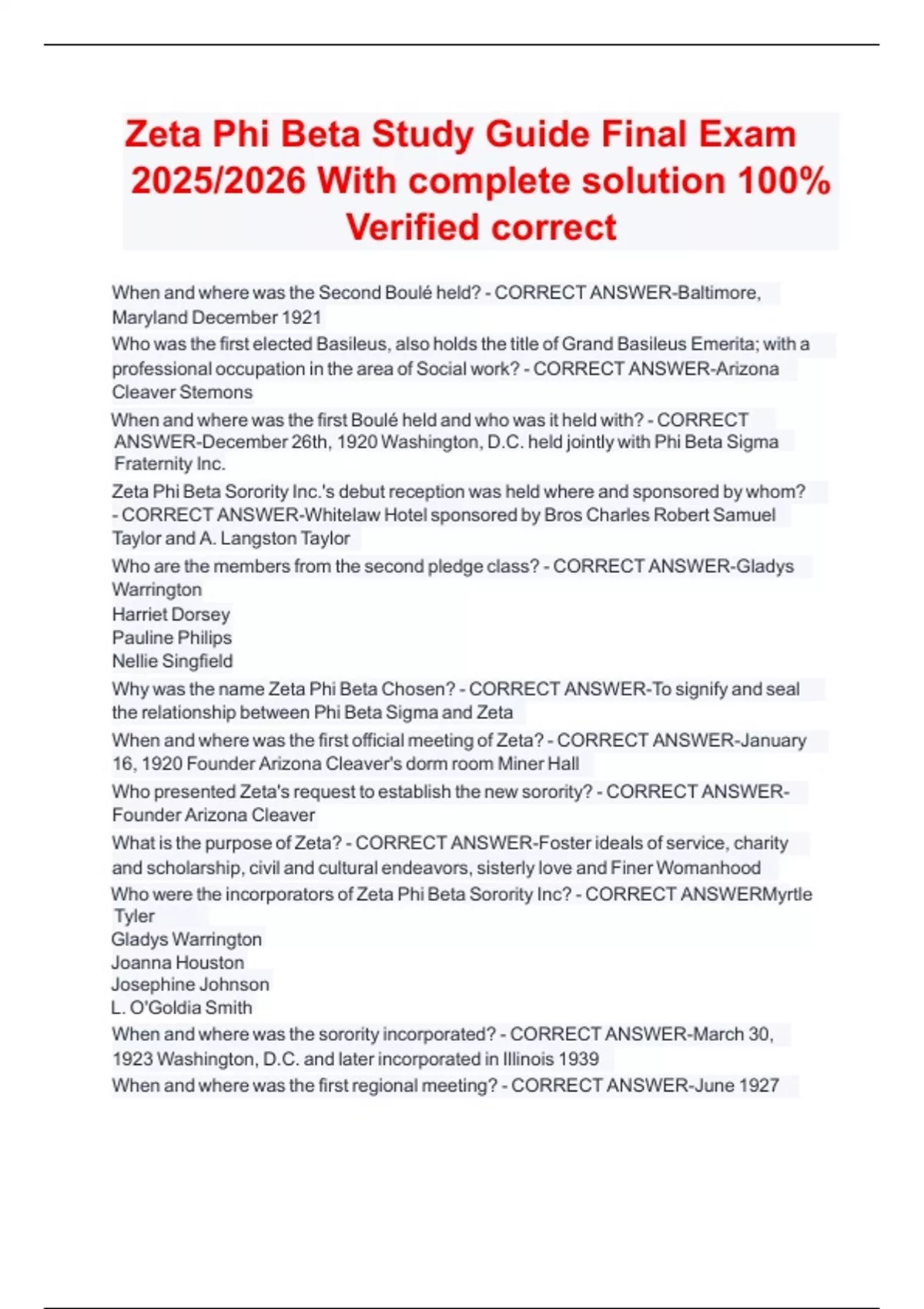 Zeta Phi Beta Study Guide Final Exam 2025/2026 With complete solution 100% Verified correct ...