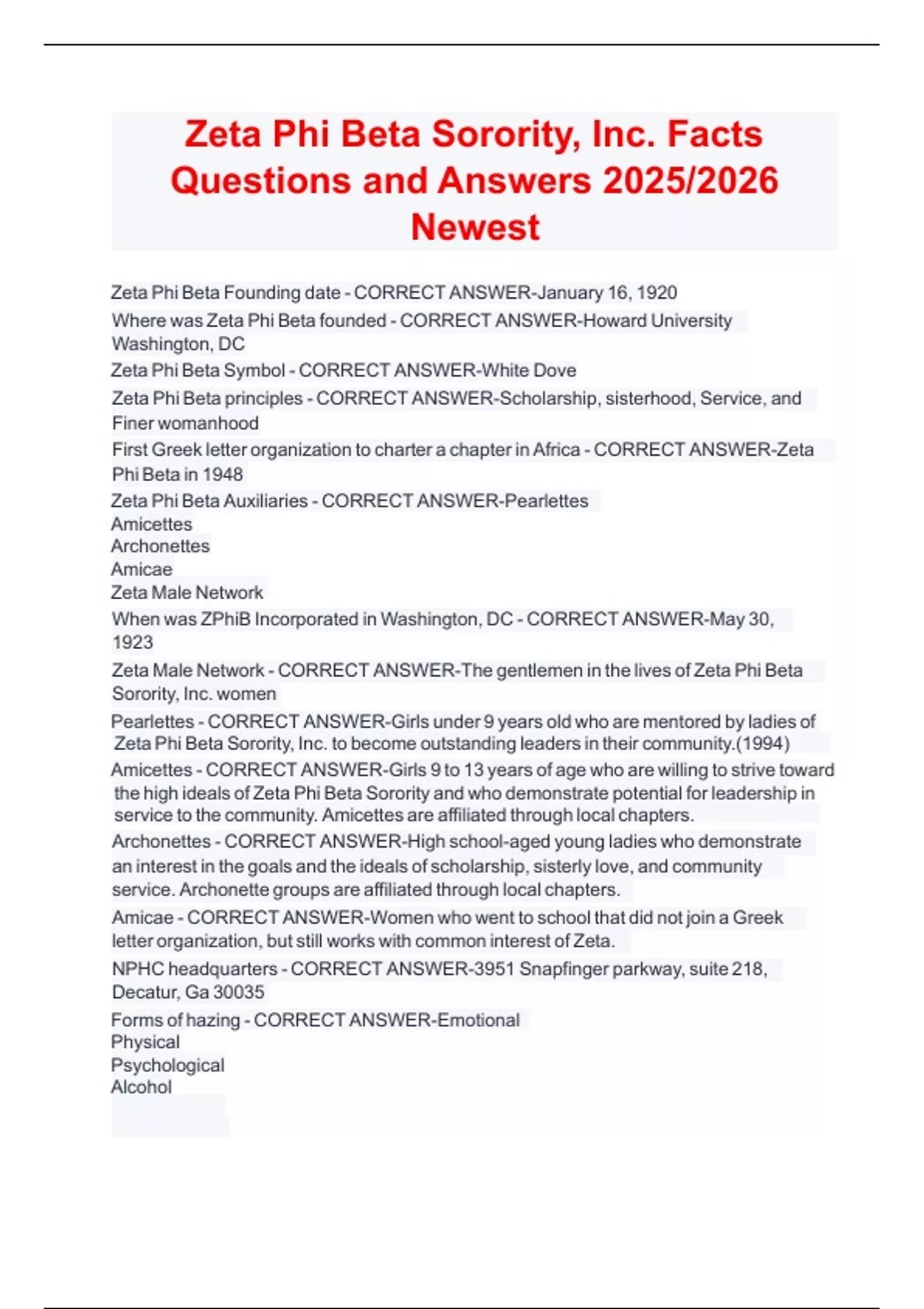 Zeta Phi Beta Sorority, Inc. Facts Questions and Answers 2025/2026 ...