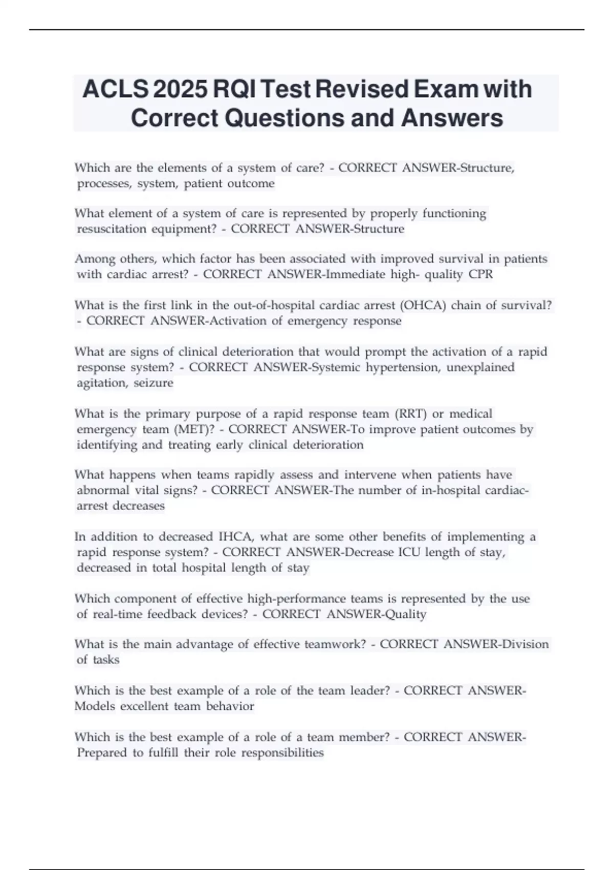 ACLS 2025 RQI Test Revised Exam with Correct Questions and Answers ...