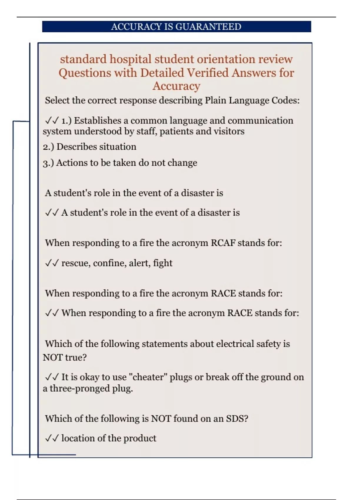 standard hospital student orientation review Questions with Detailed ...