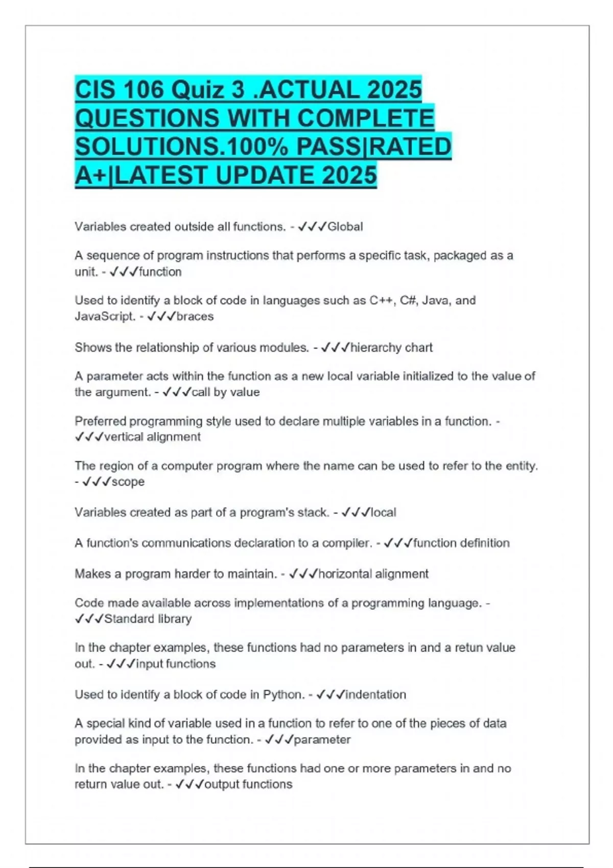 CIS 106 Quiz 3 .ACTUAL 2025 QUESTIONS WITH COMPLETE SOLUTIONS.100% PASS ...